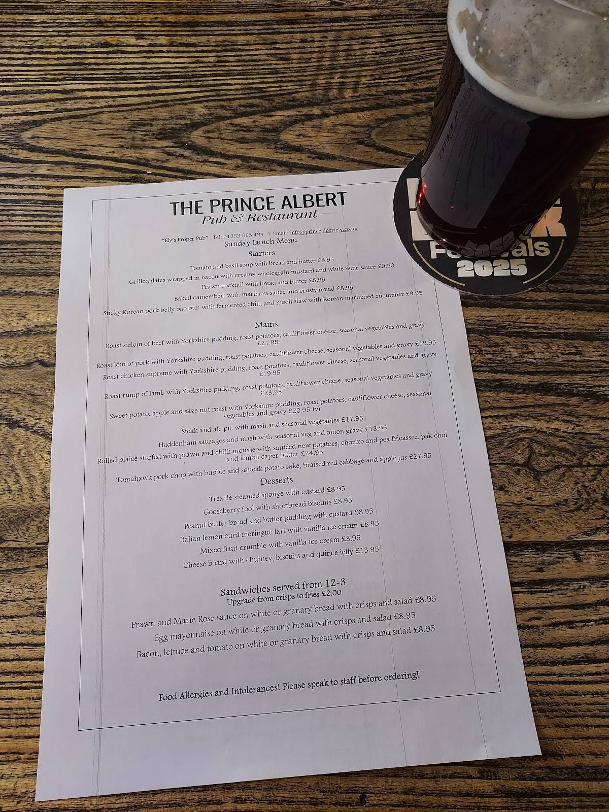 Menu at The Prince Albert pub & bar, Ely