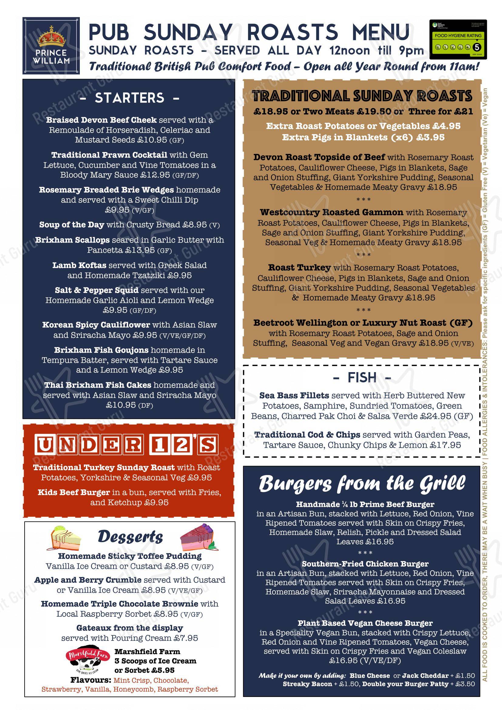 Menu at The Prince William restaurant, Brixham