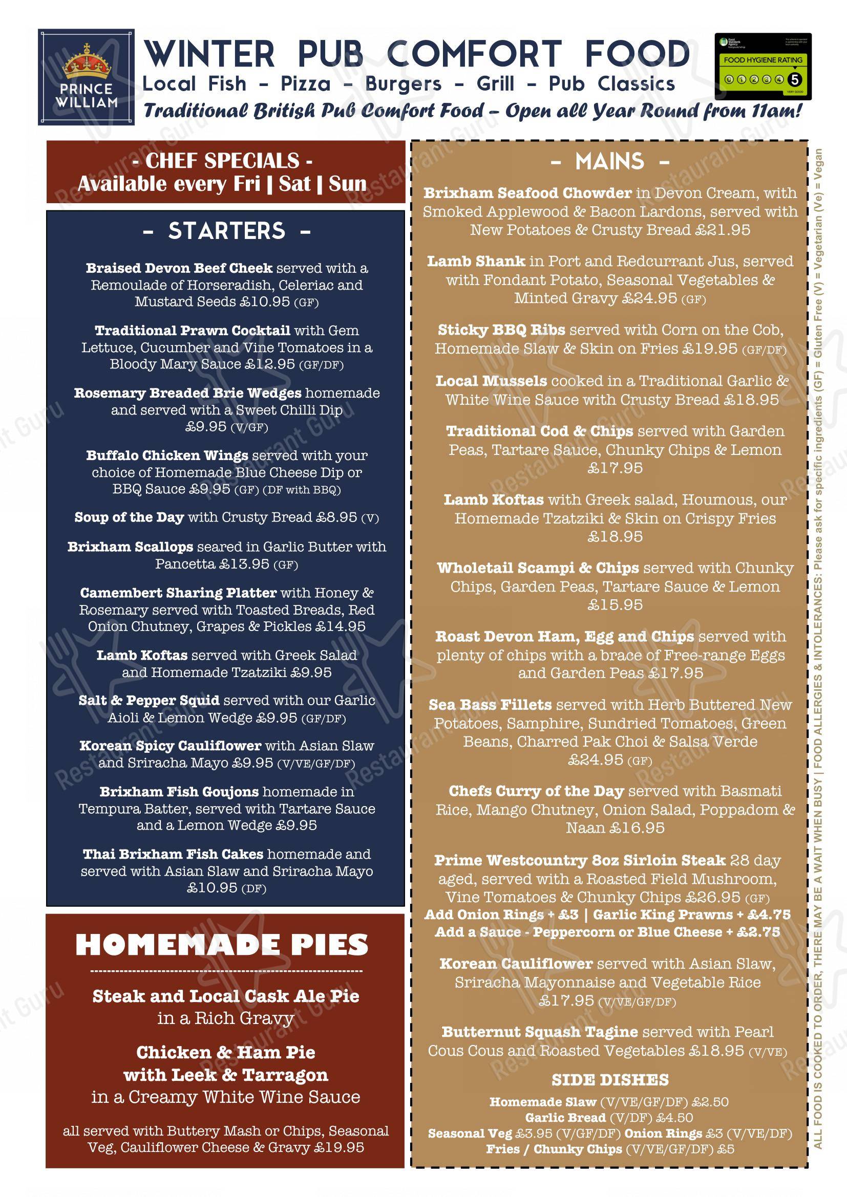 Menu at The Prince William restaurant, Brixham