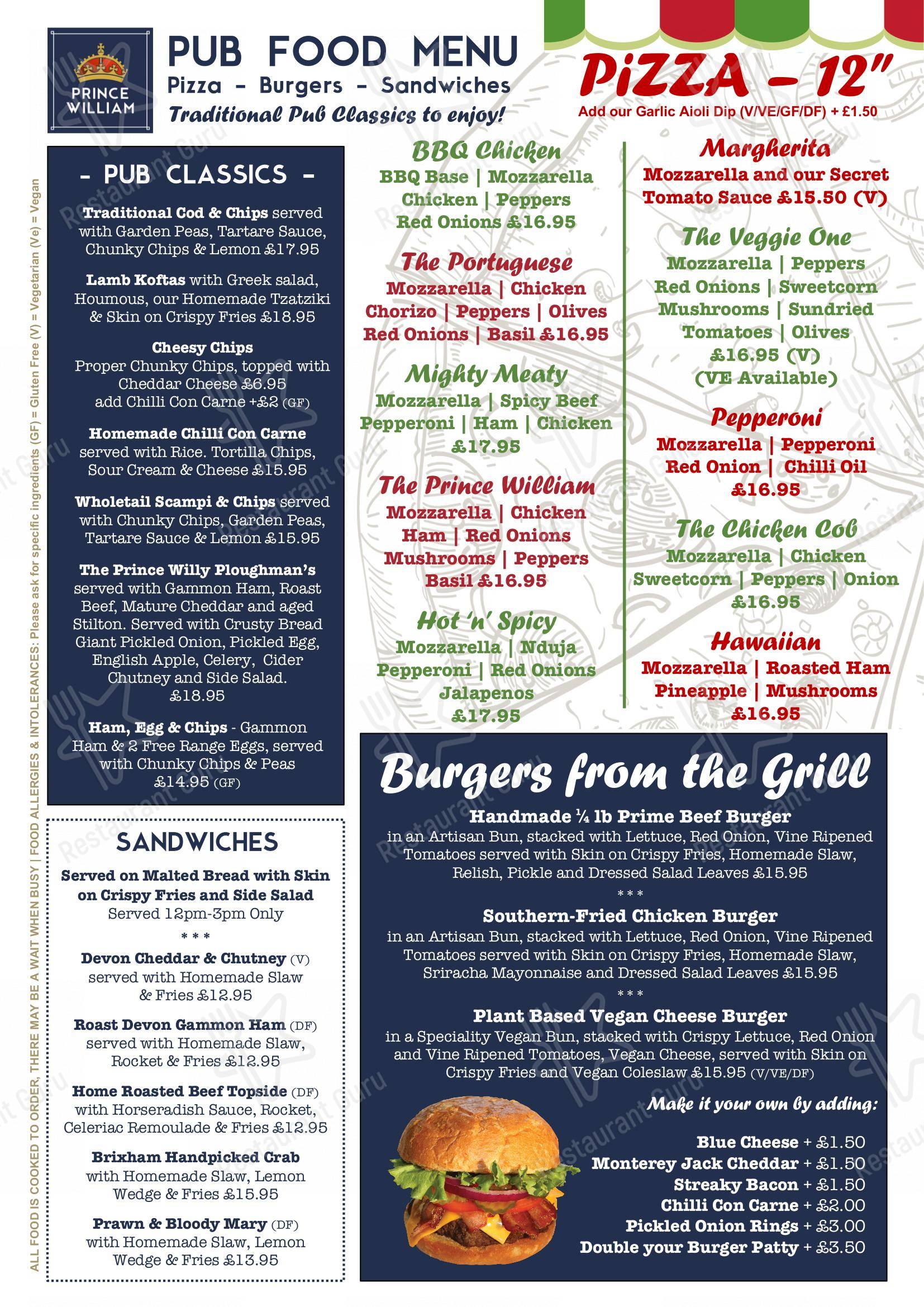 Menu at The Prince William restaurant, Brixham