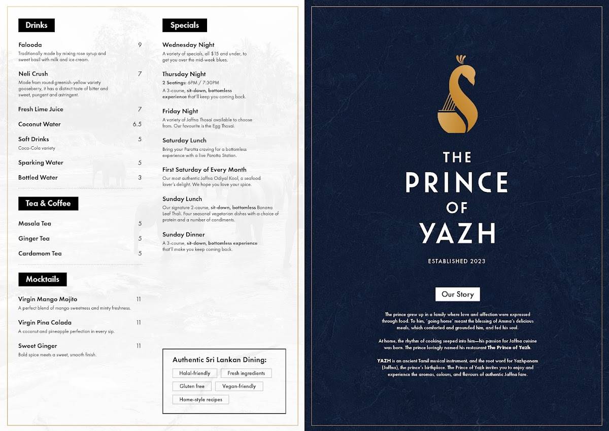 Menu at The Prince of Yazh restaurant, Dandenong
