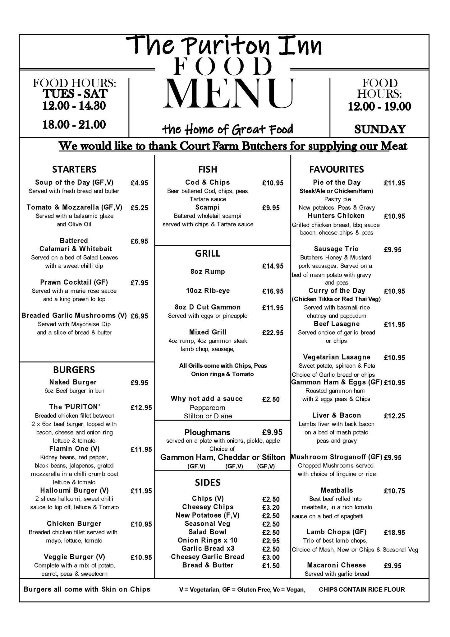 Menu at The Puriton Inn pub & bar, Bridgwater