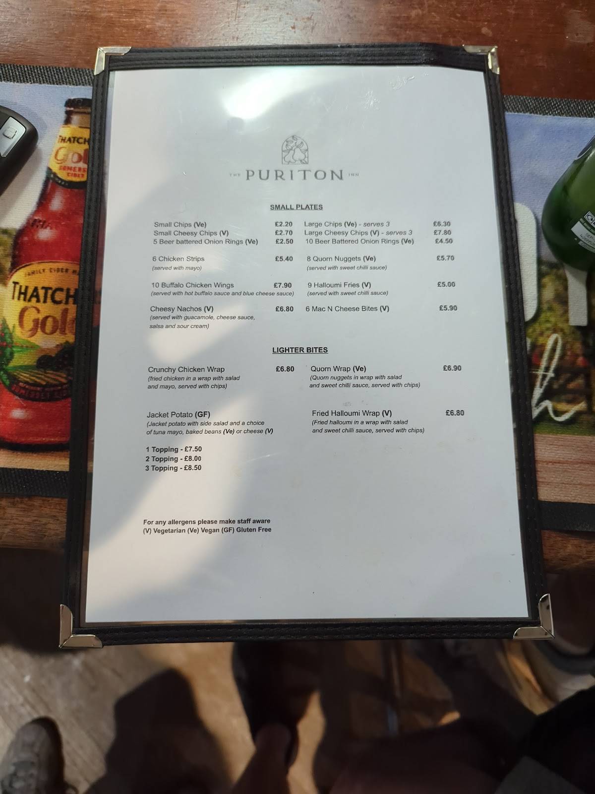 Menu at The Puriton Inn pub & bar, Bridgwater