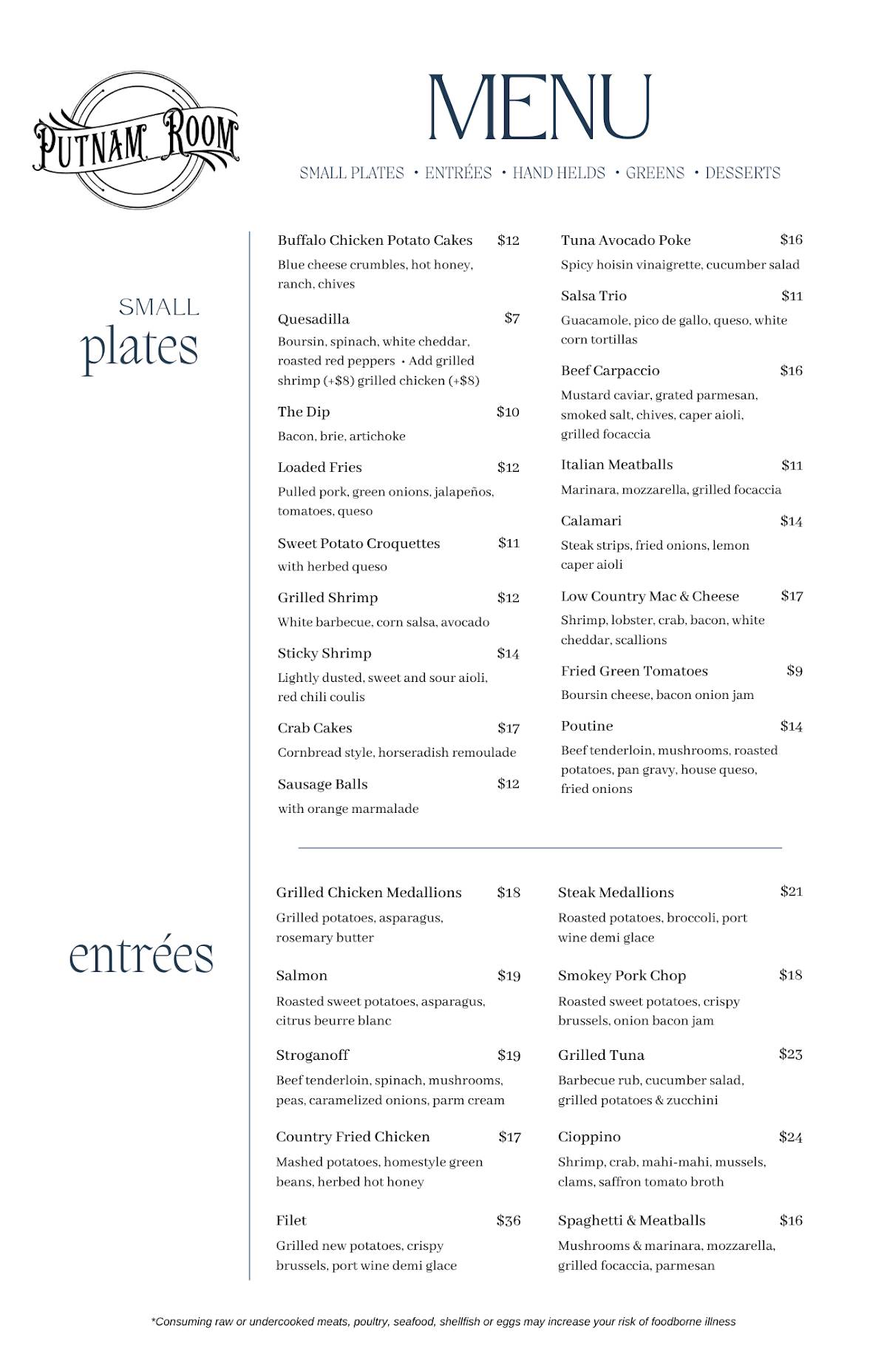 Menu at The Putnam Room pub & bar, Cookeville