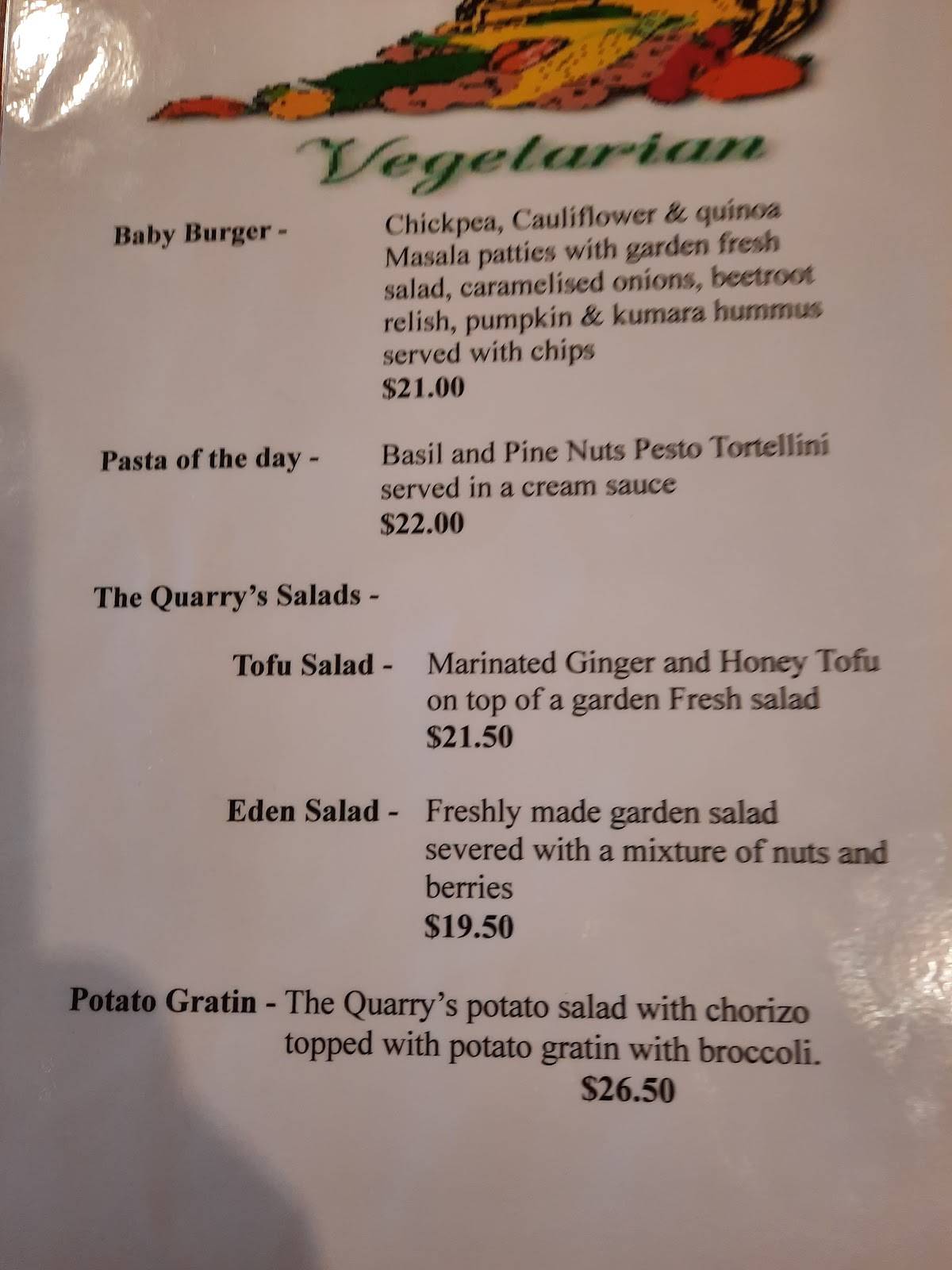 Menu at The Quarry Restaurant, Westport