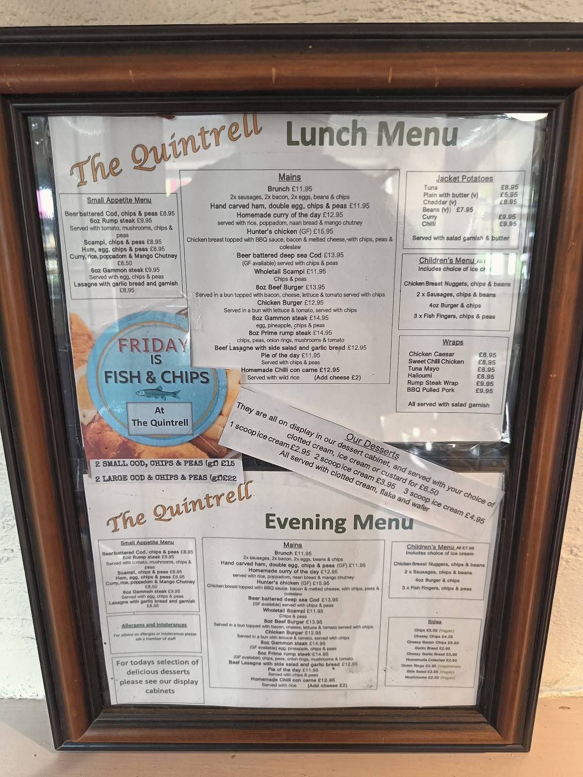 Menu at The Quintrell Inn pub & bar, Newquay