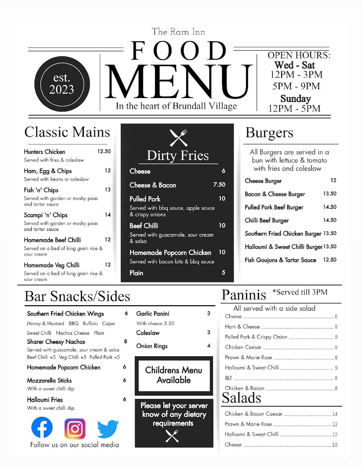 Menu at The Ram Inn pub & bar, Norwich