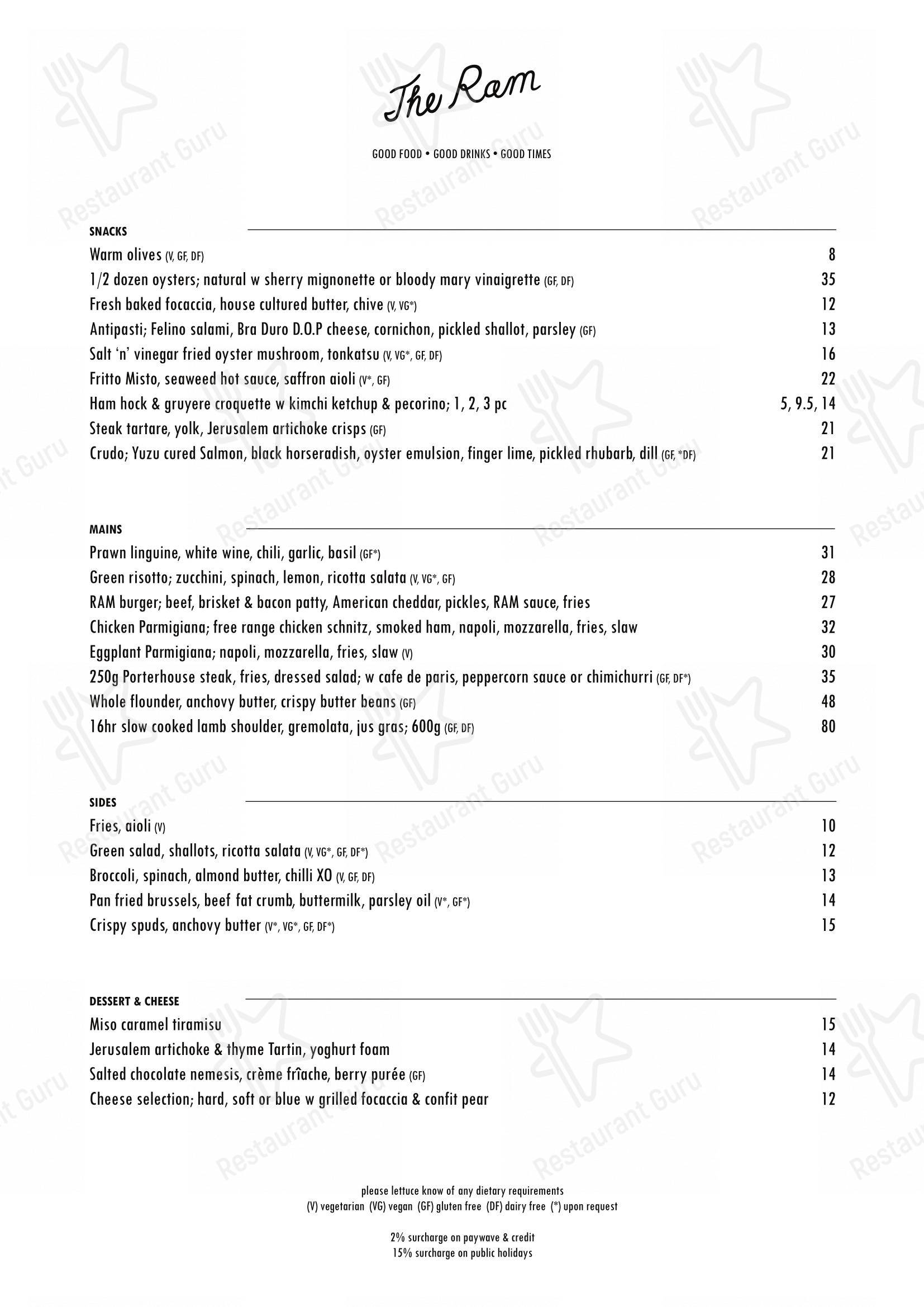 Menu at The Ram restaurant, Wellington