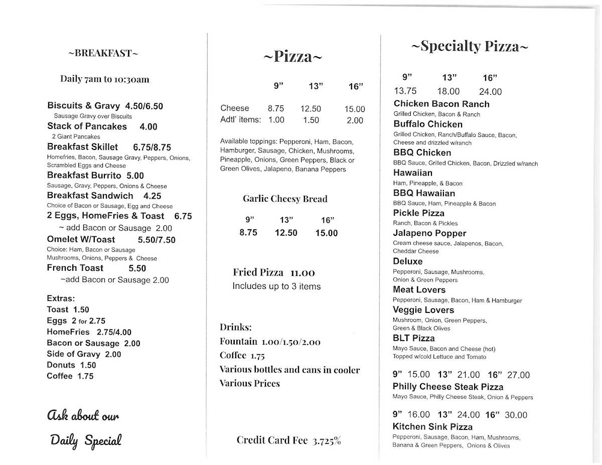 Menu at The Rams Roost pizzeria, McGuffey