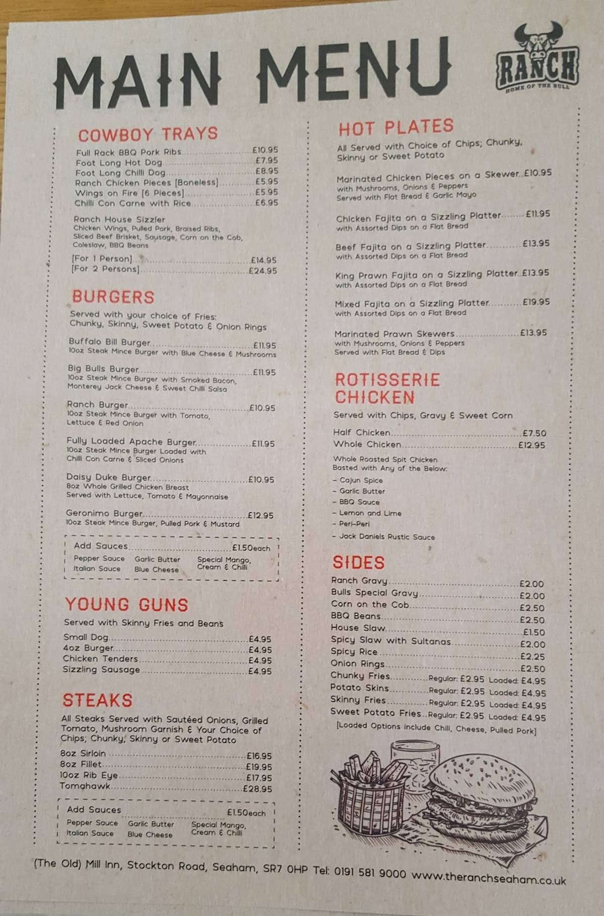 Menu at The Ranch Meat House restaurant, Seaham, The Mill Inn