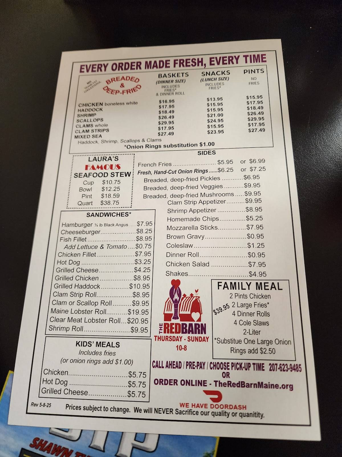 Menu at The Red Barn, Augusta, 455 Riverside Dr