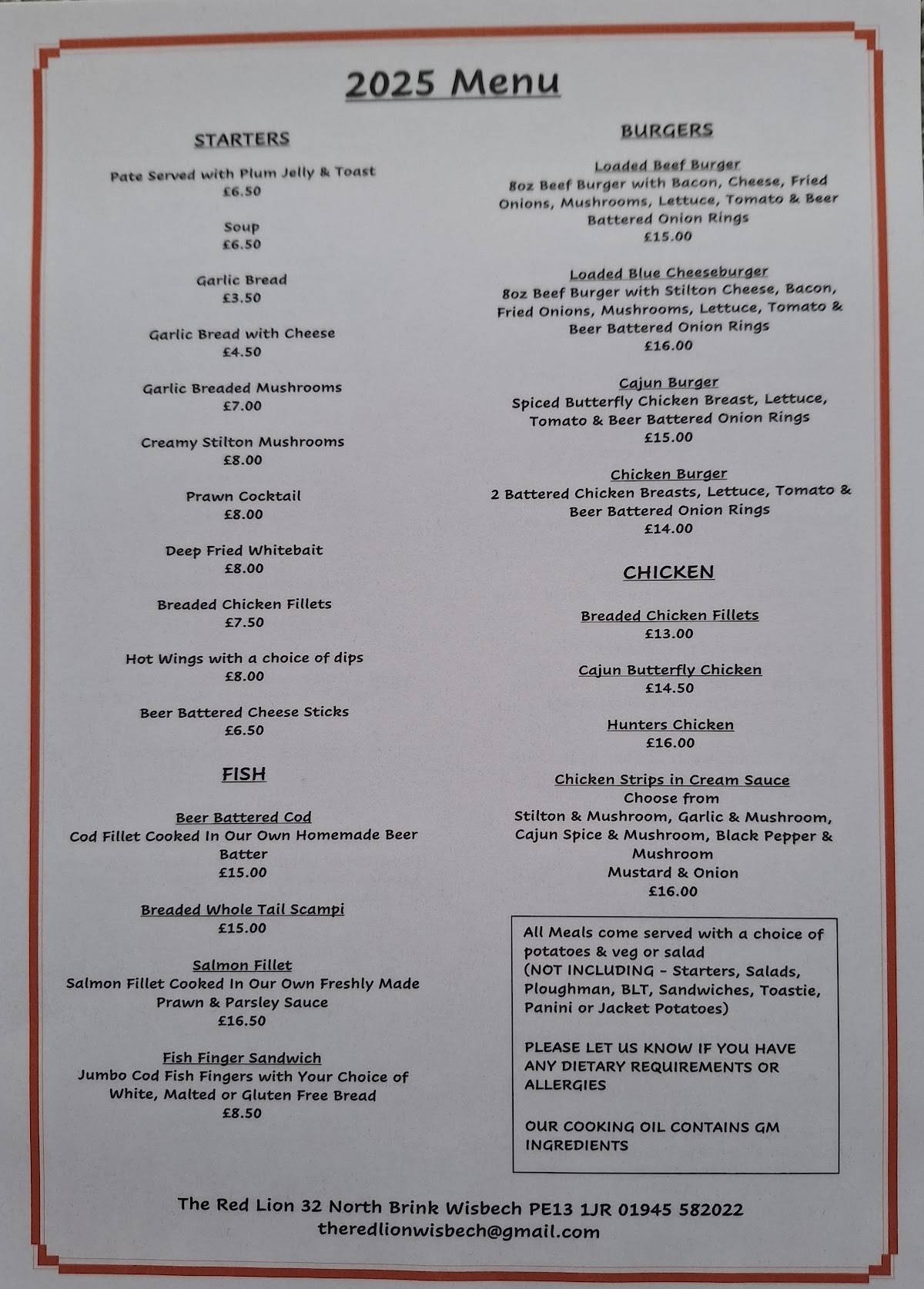Menu at The Red Lion restaurant, Wisbech