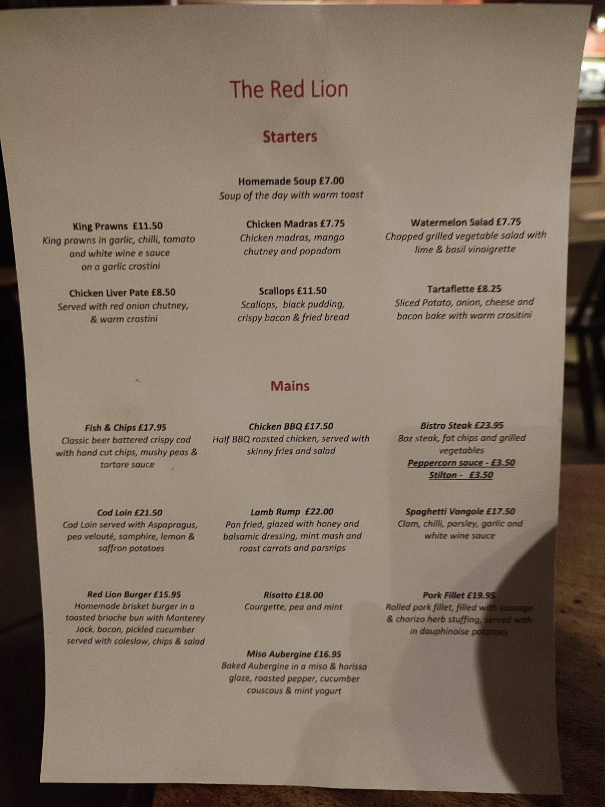 Menu at The Red Lion pub & bar, Warmington, Peterborough Rd