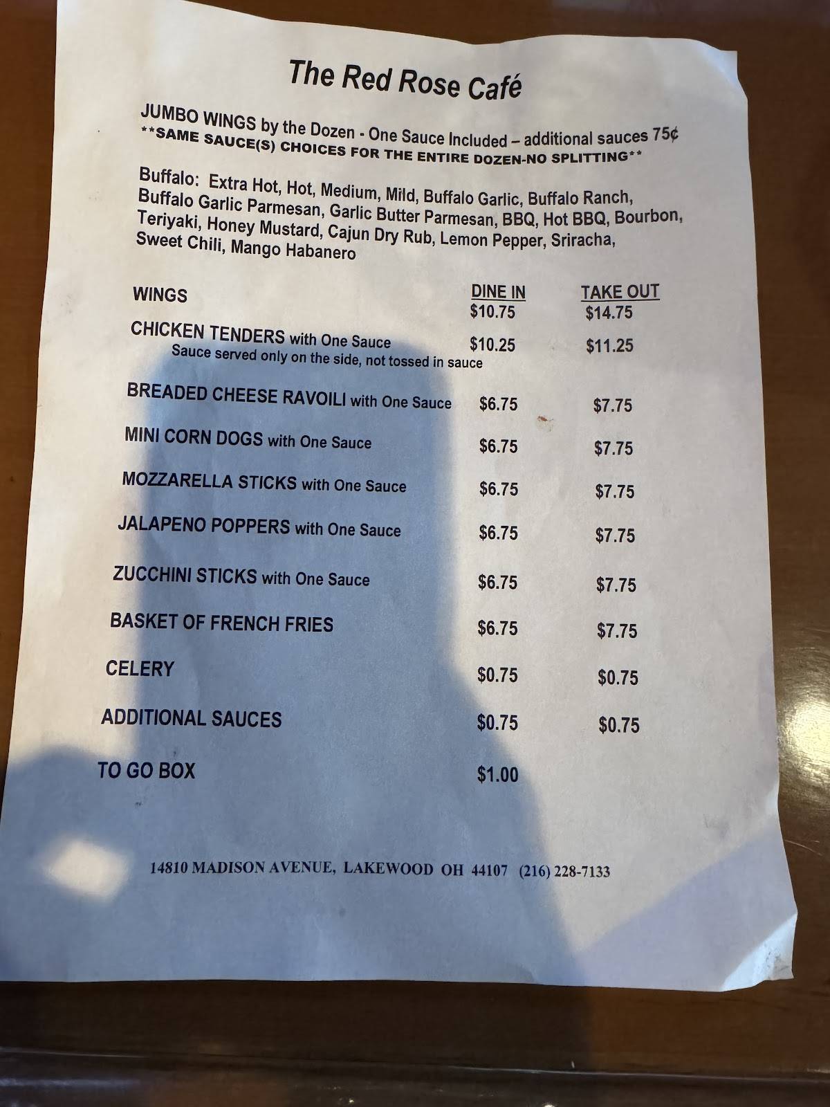 Menu at The Red Rose Cafe, Lakewood