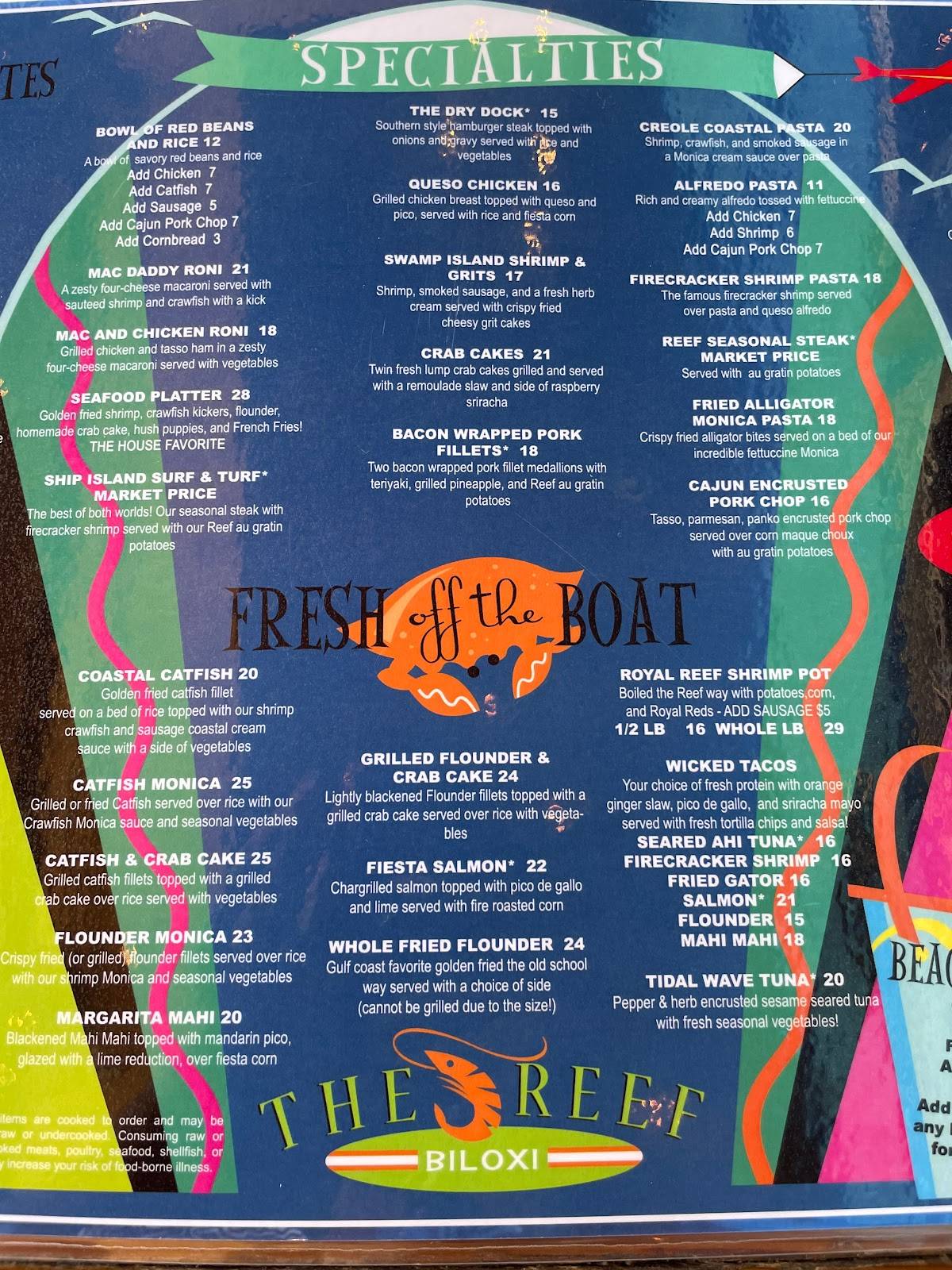 Menu at The Reef restaurant, Biloxi