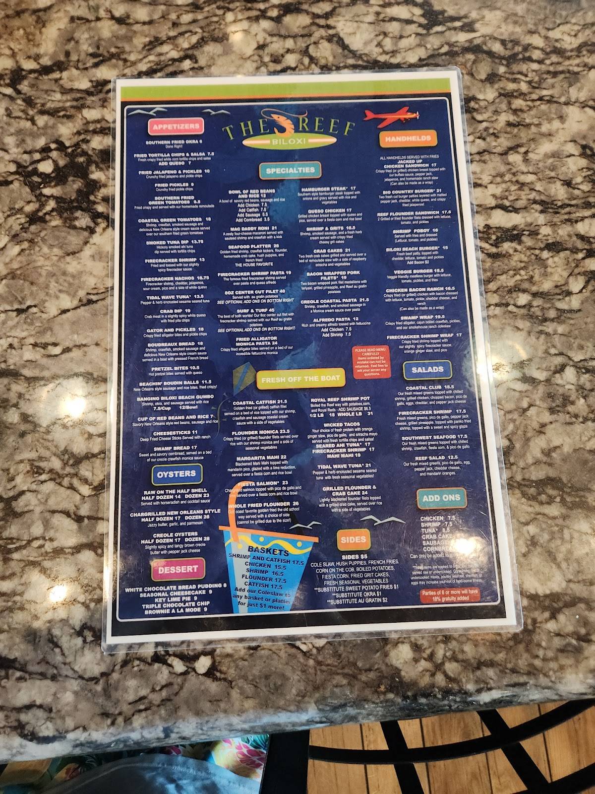 Menu at The Reef restaurant, Biloxi