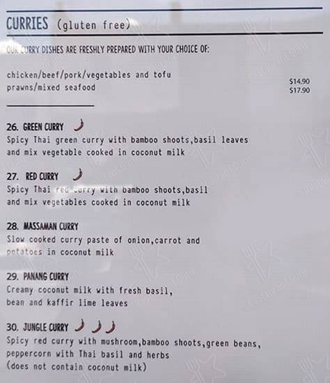 Menu at The Rice Paddy Thai restaurant, South Yarra