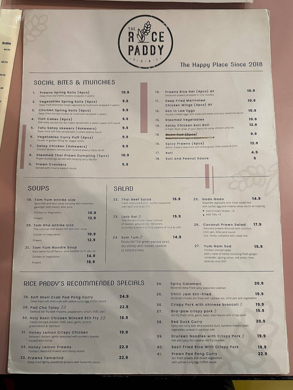 Menu at The Rice Paddy Thai restaurant, South Yarra