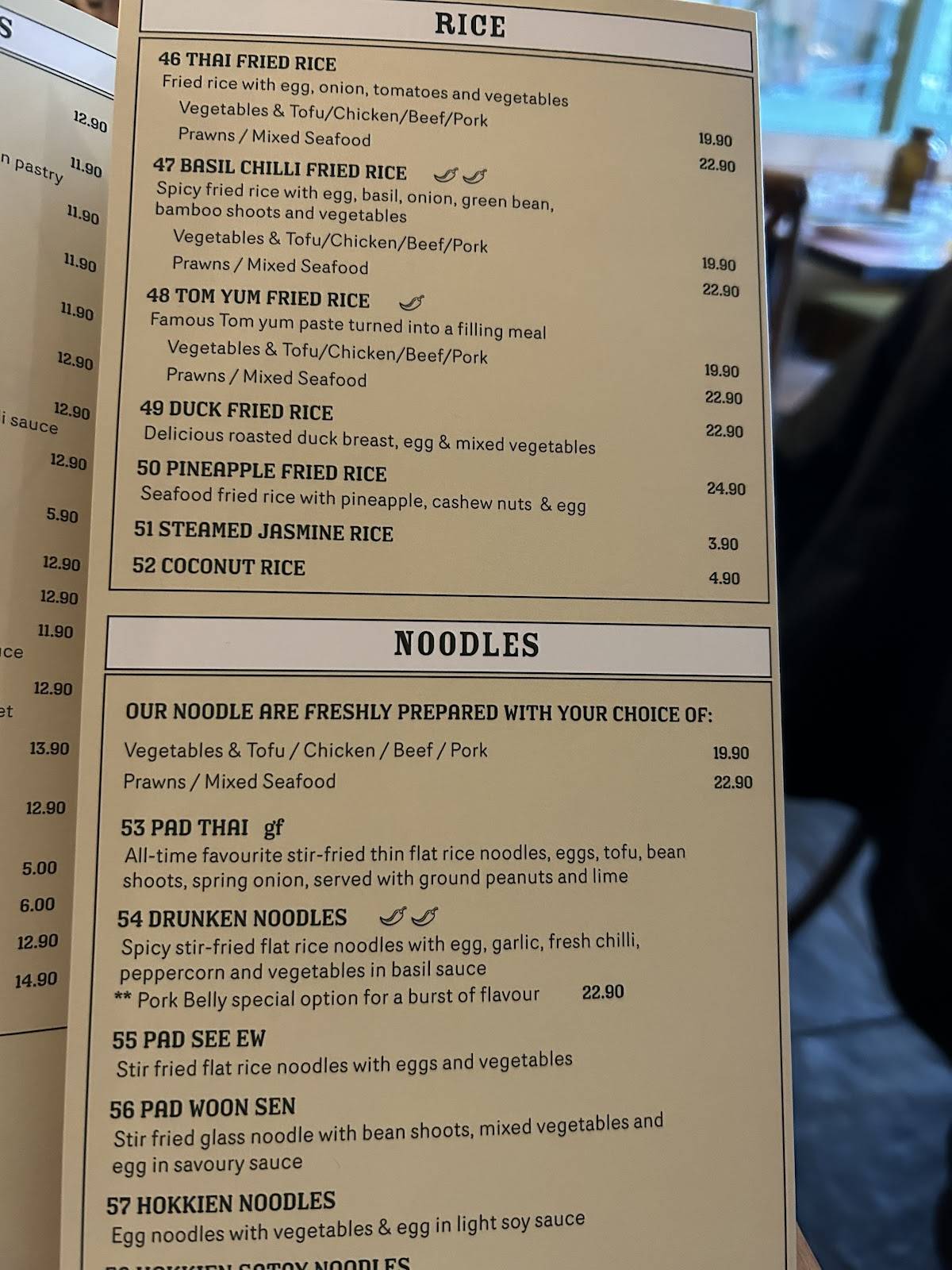 Menu at The Rice Paddy Thai restaurant, South Yarra