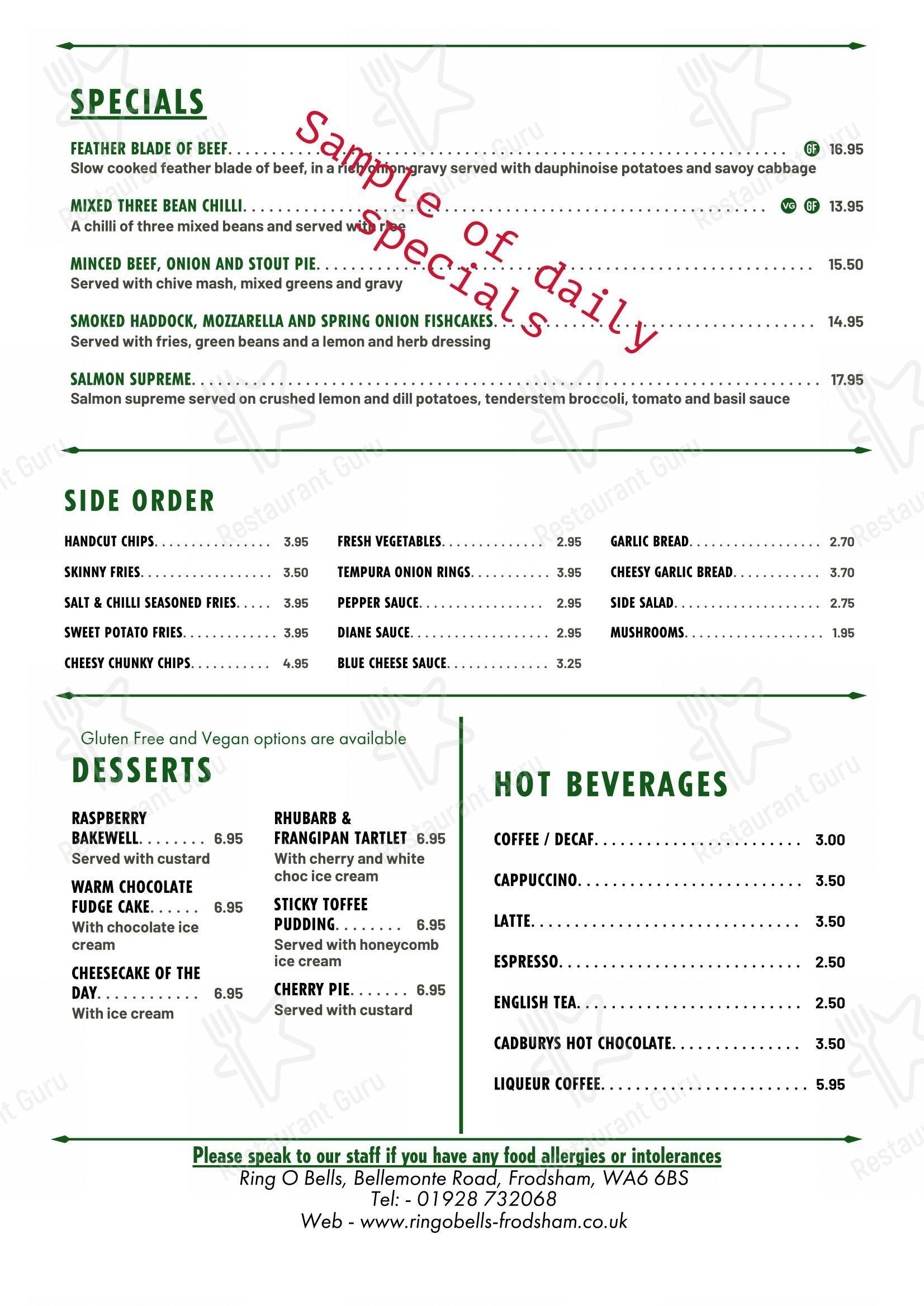 Menu at The Ring O' Bells pub & bar, Frodsham, 2 Bellemonte Rd