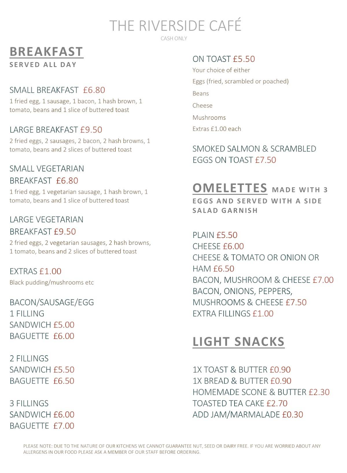 Menu at The Riverside Cafe, Wimborne Minster