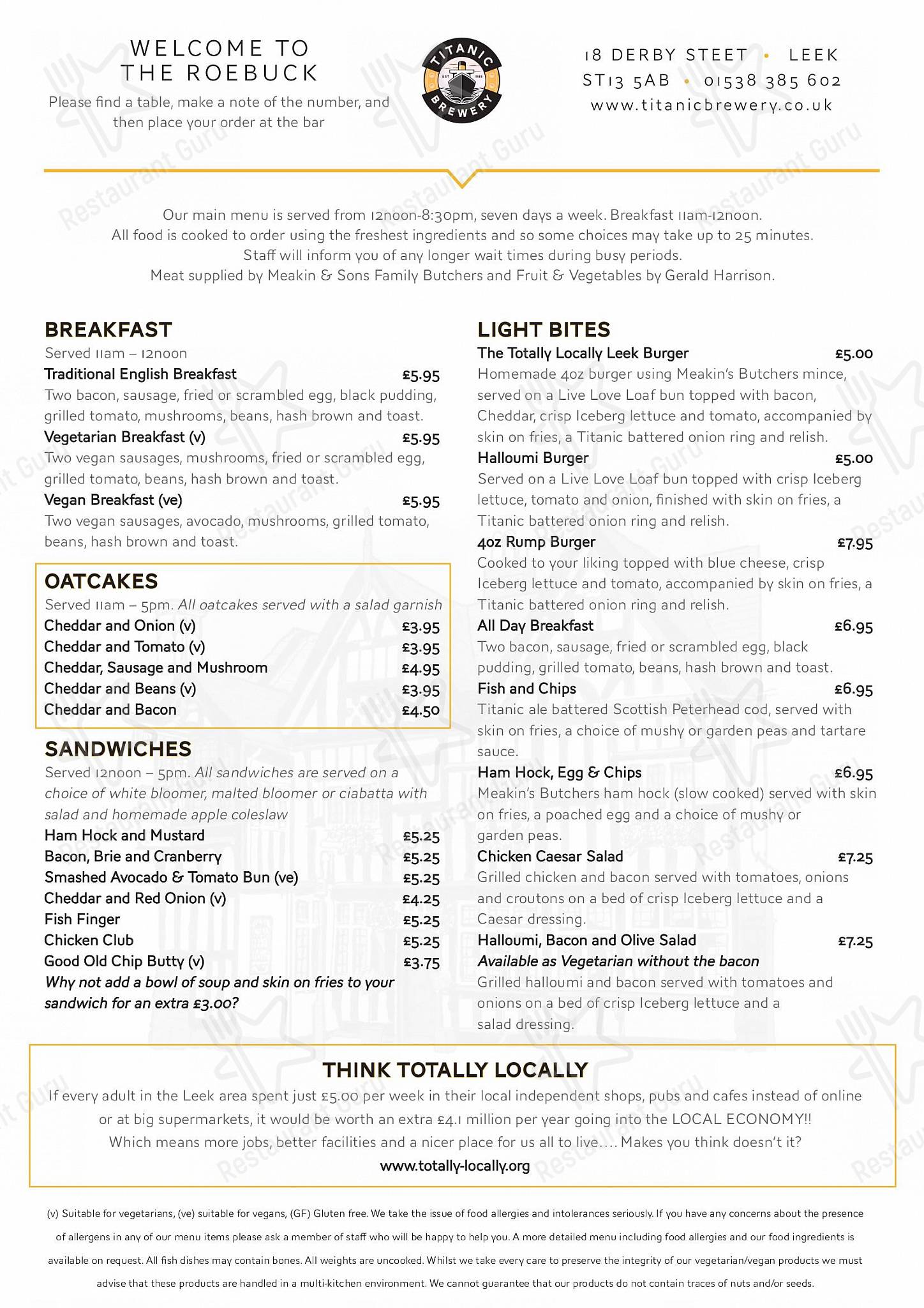 Menu at The Roebuck pub & bar, Leek