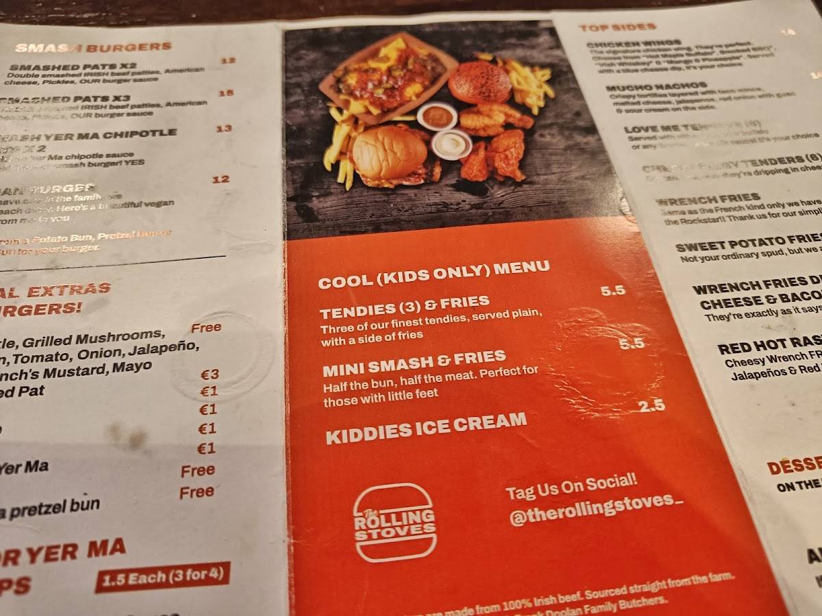 Menu at The Rolling Stoves restaurant, Dublin, Main St