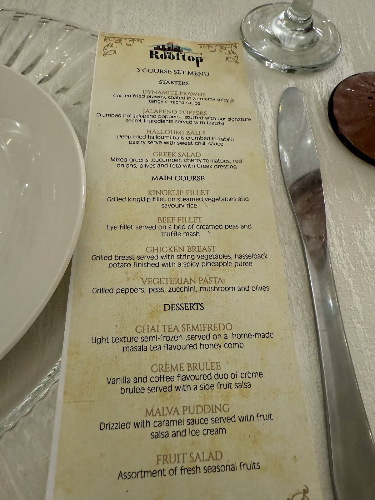 Menu at The Rooftop Restaurant, Johannesburg