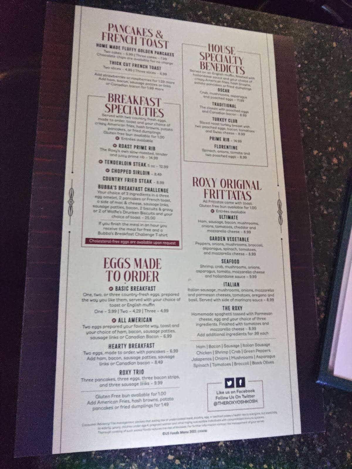 Menu at The Roxy Supper Club, Oshkosh