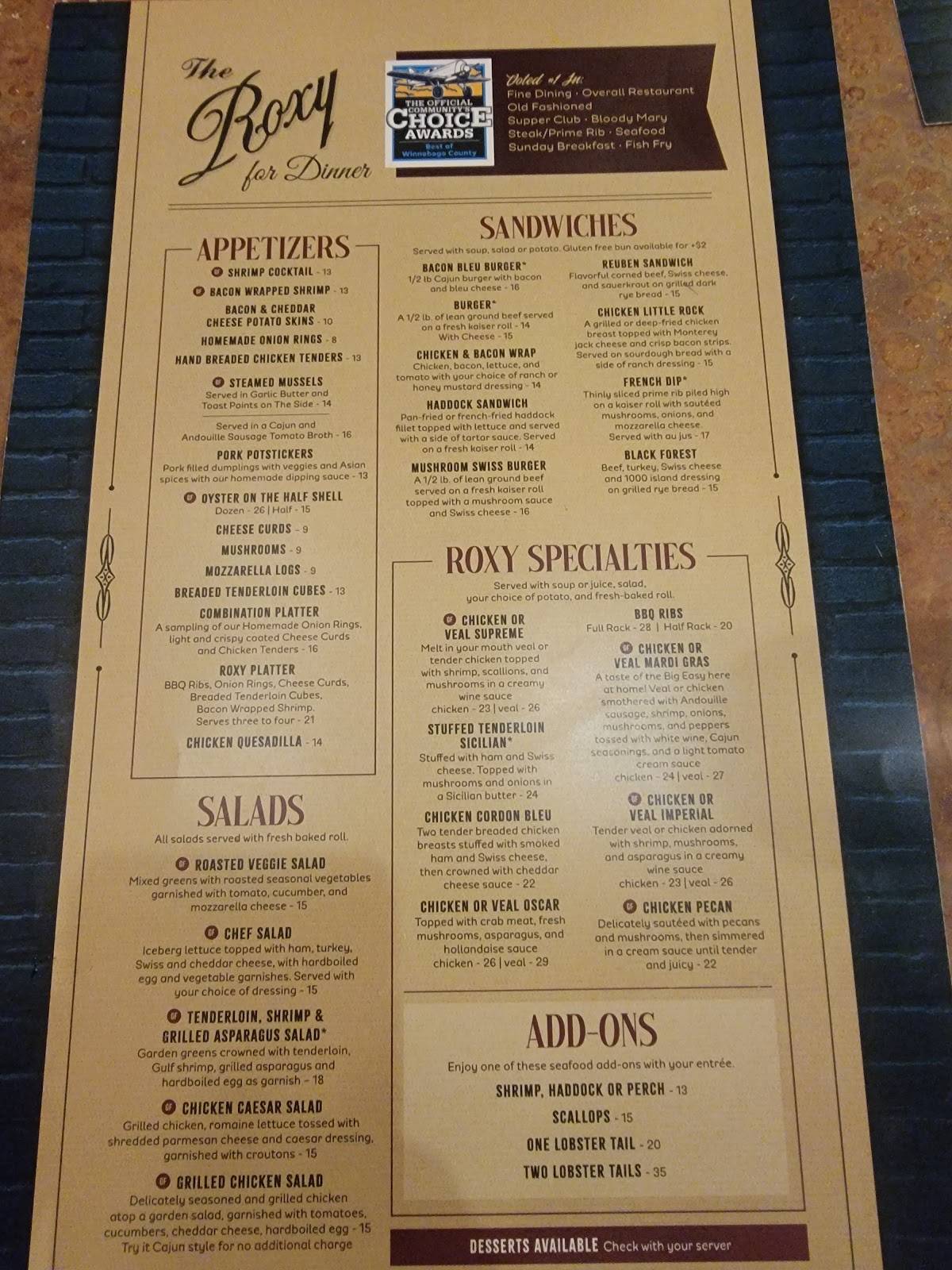 Menu at The Roxy Supper Club, Oshkosh