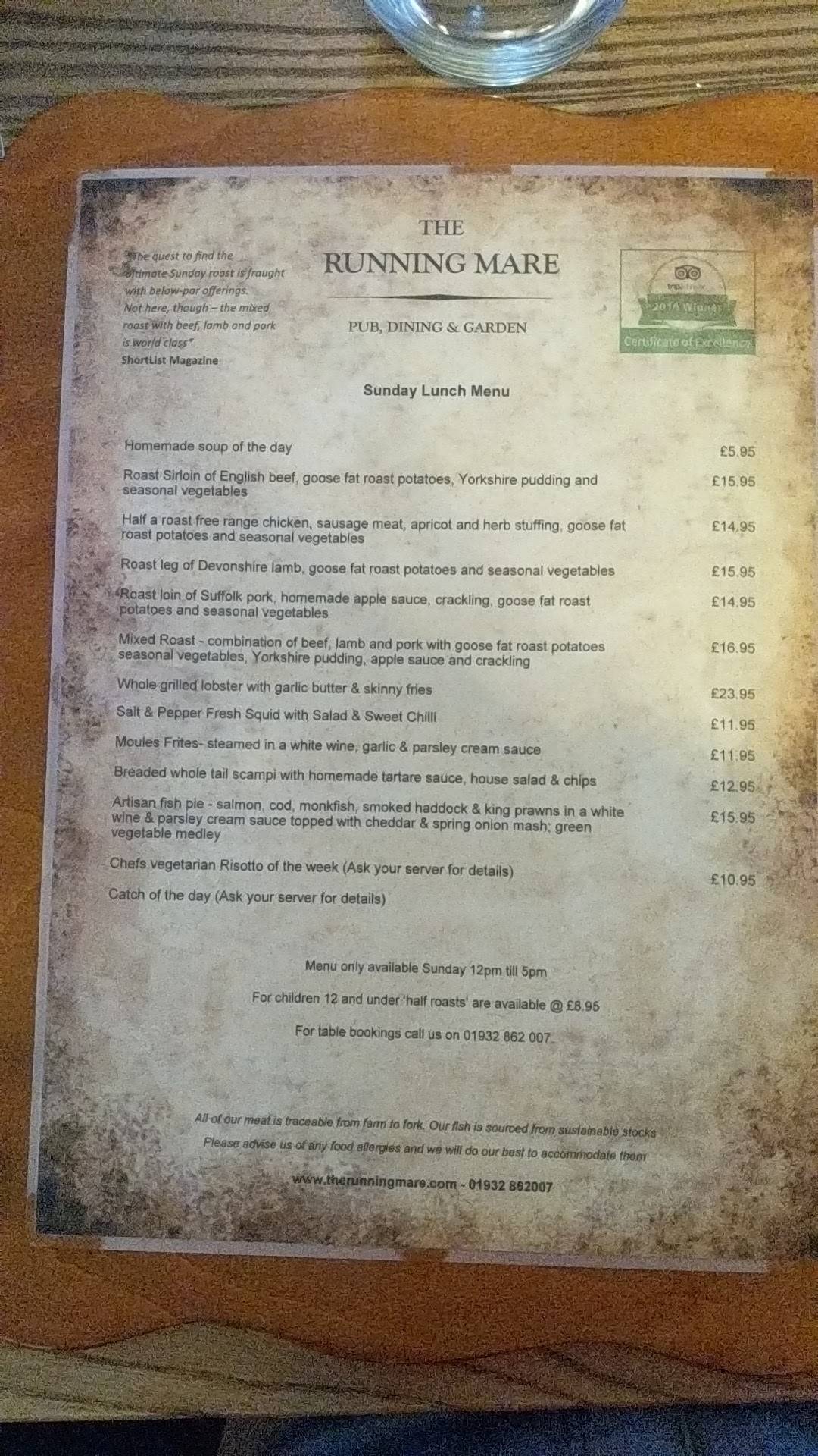 Menu at The Running Mare. pub & bar, Cobham