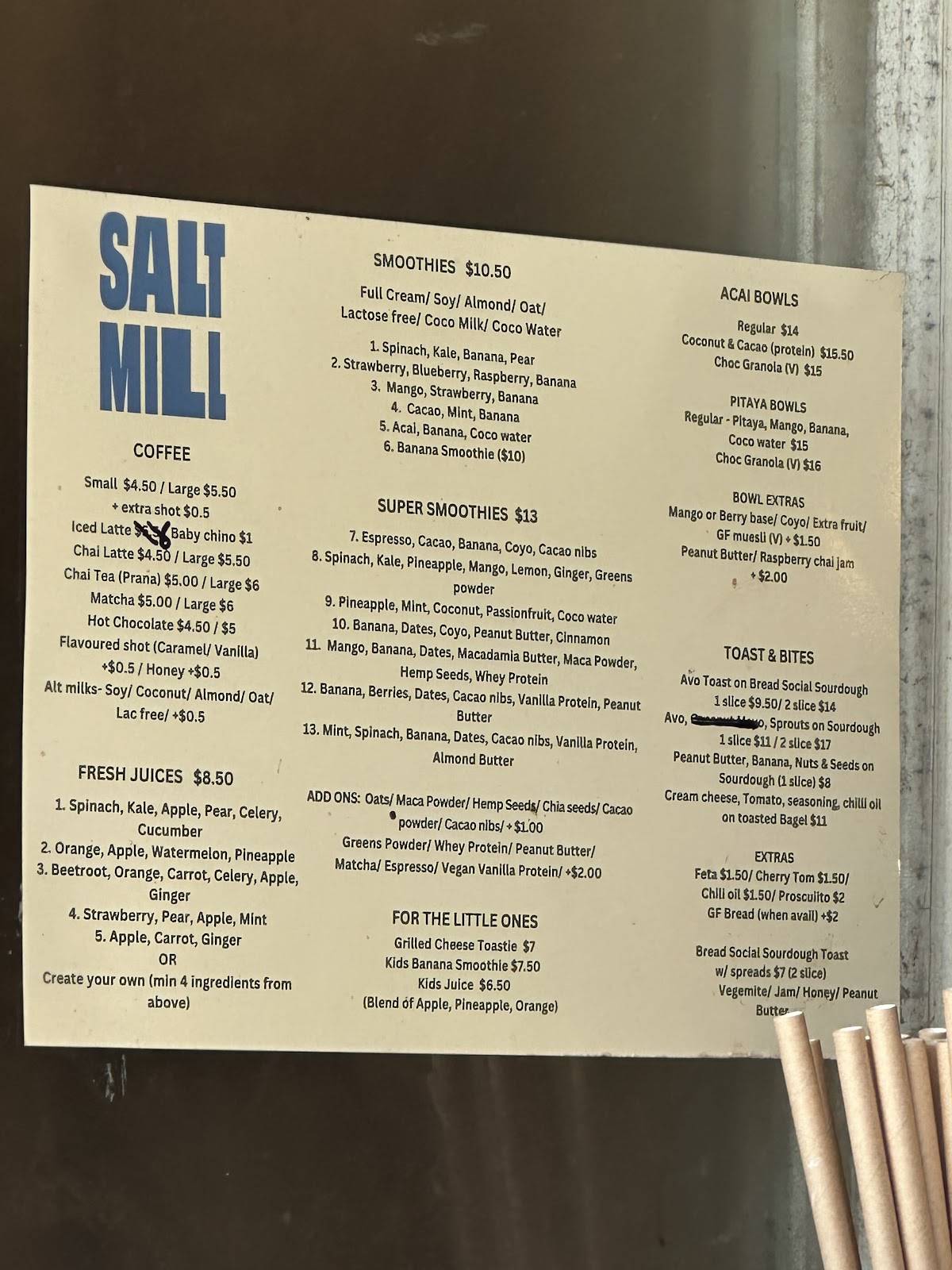 Menu at The Salt Mill cafe, Currumbin