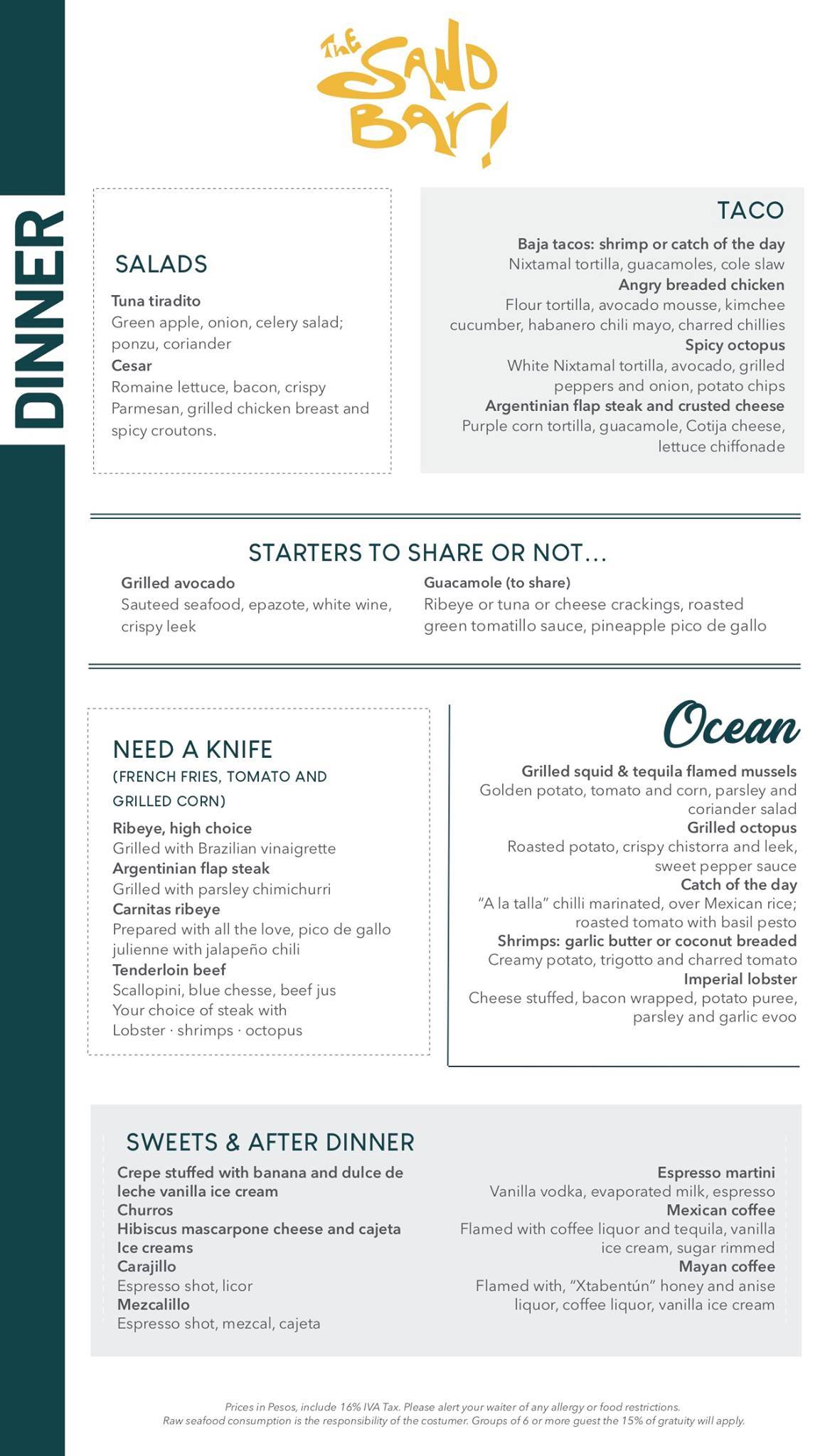 Menu at The Sand Bar, Cabo San Lucas, Calle Cormonares SN El