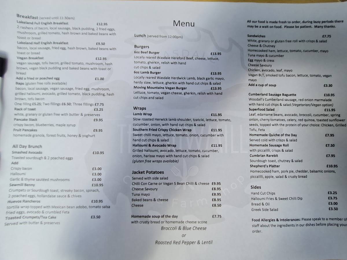Menu at The Sawmill Cafe & Farm Shop, Nether Wasdale