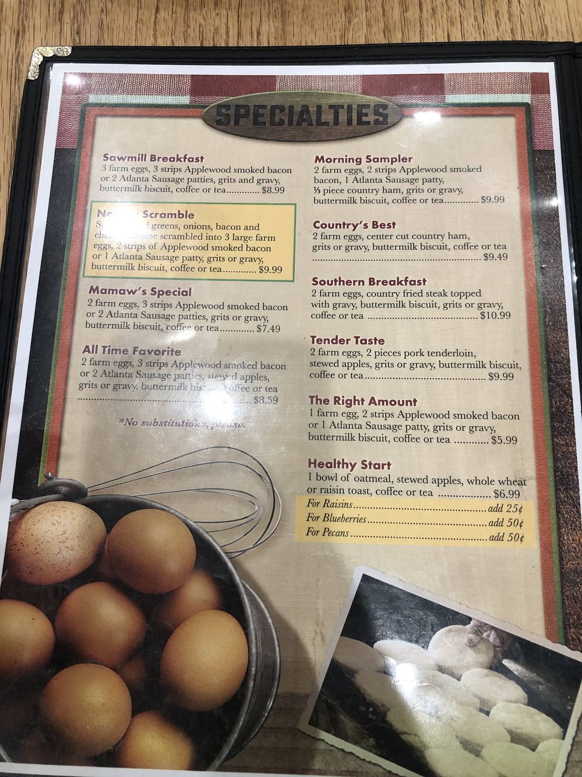 Menu at The Sawmill Place restaurant, Blairsville