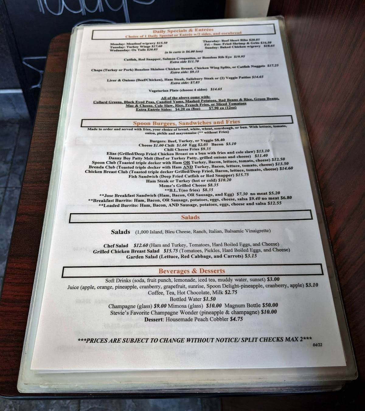 Menu at The Serving Spoon restaurant, Inglewood