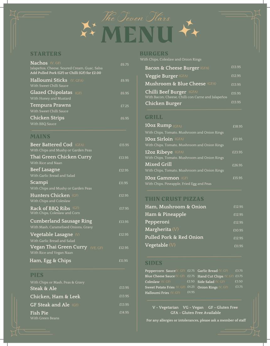 Menu at The Seven Stars restaurant, March
