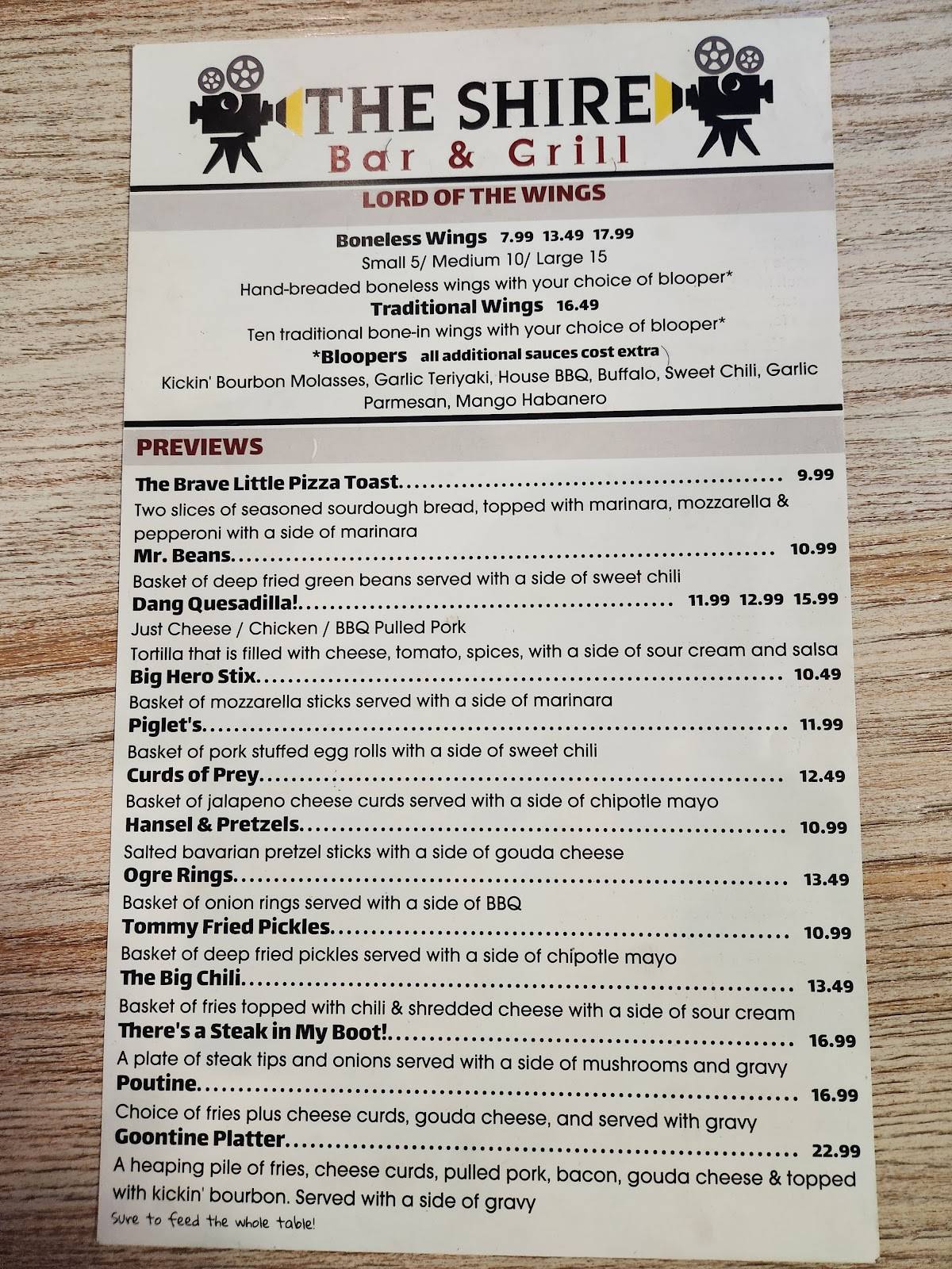 Menu at The Shire Bar & Grill, East Grand Forks