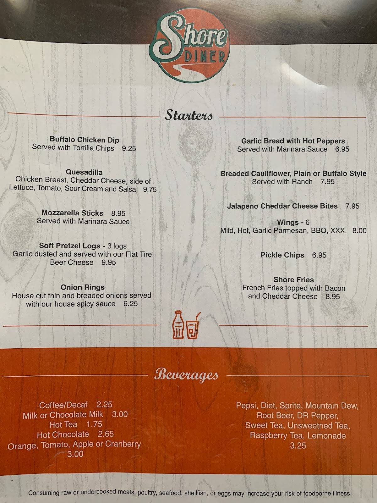 Menu at The Shore Diner restaurant, Jersey Shore