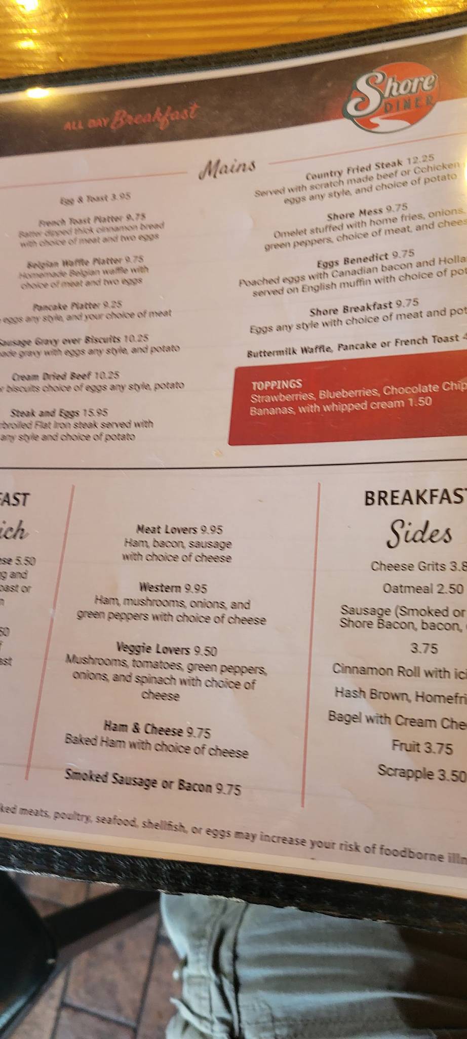 Menu at The Shore Diner restaurant, Jersey Shore
