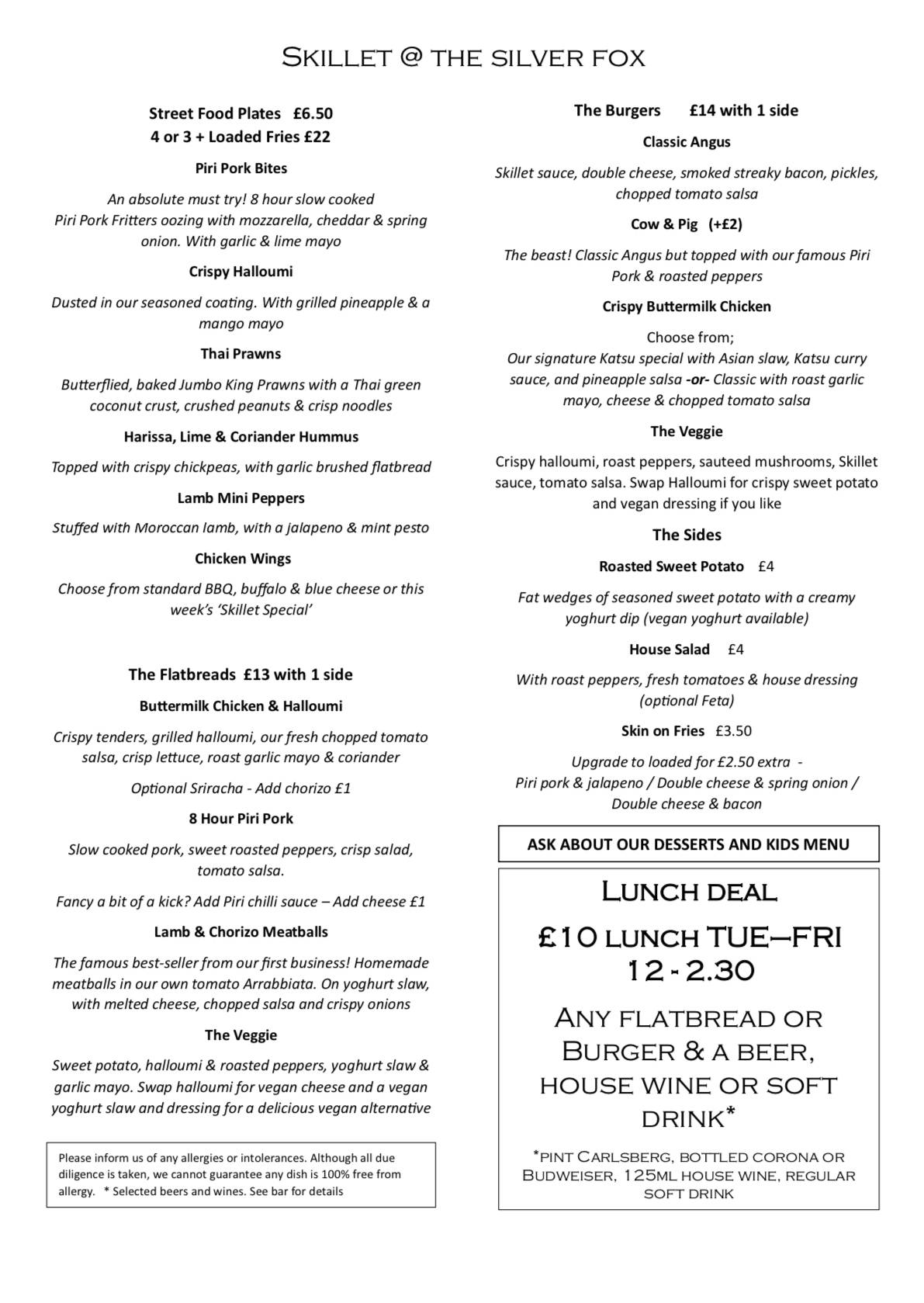 Menu at The Silver Fox pub & bar, Hertford