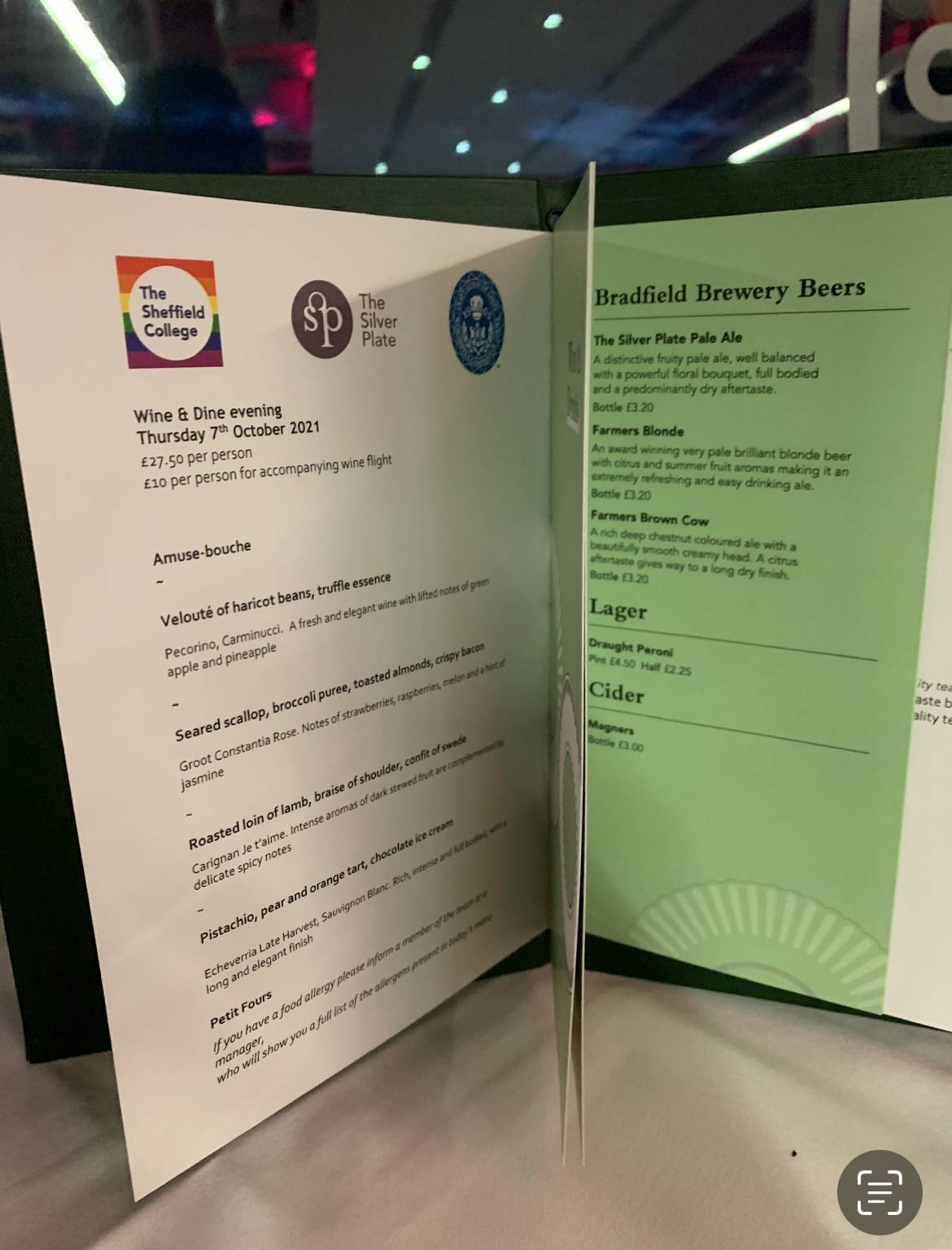 Menu at The Silver Plate restaurant, Sheffield
