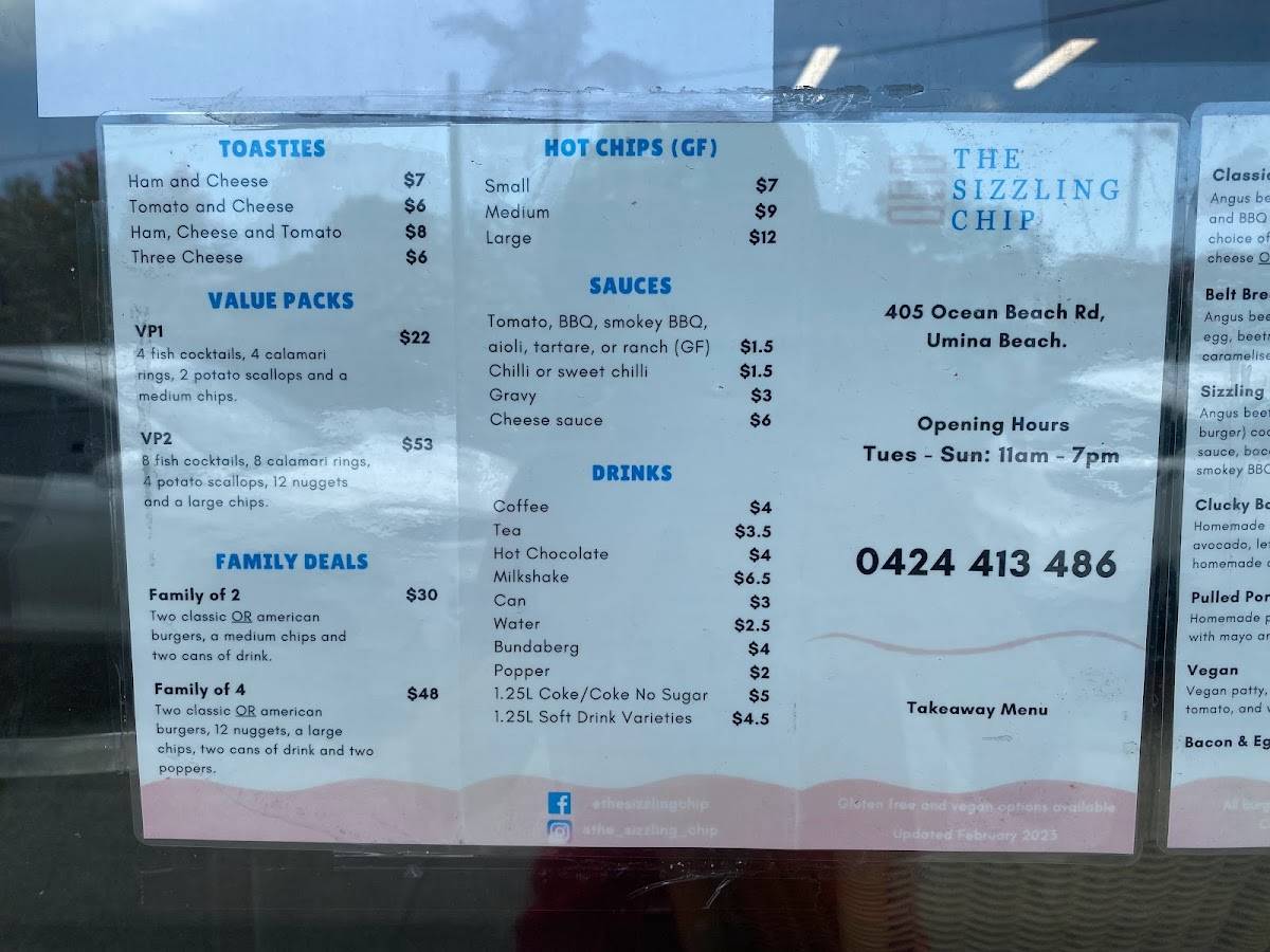 Menu at The Sizzling Chip fast food, Umina Beach