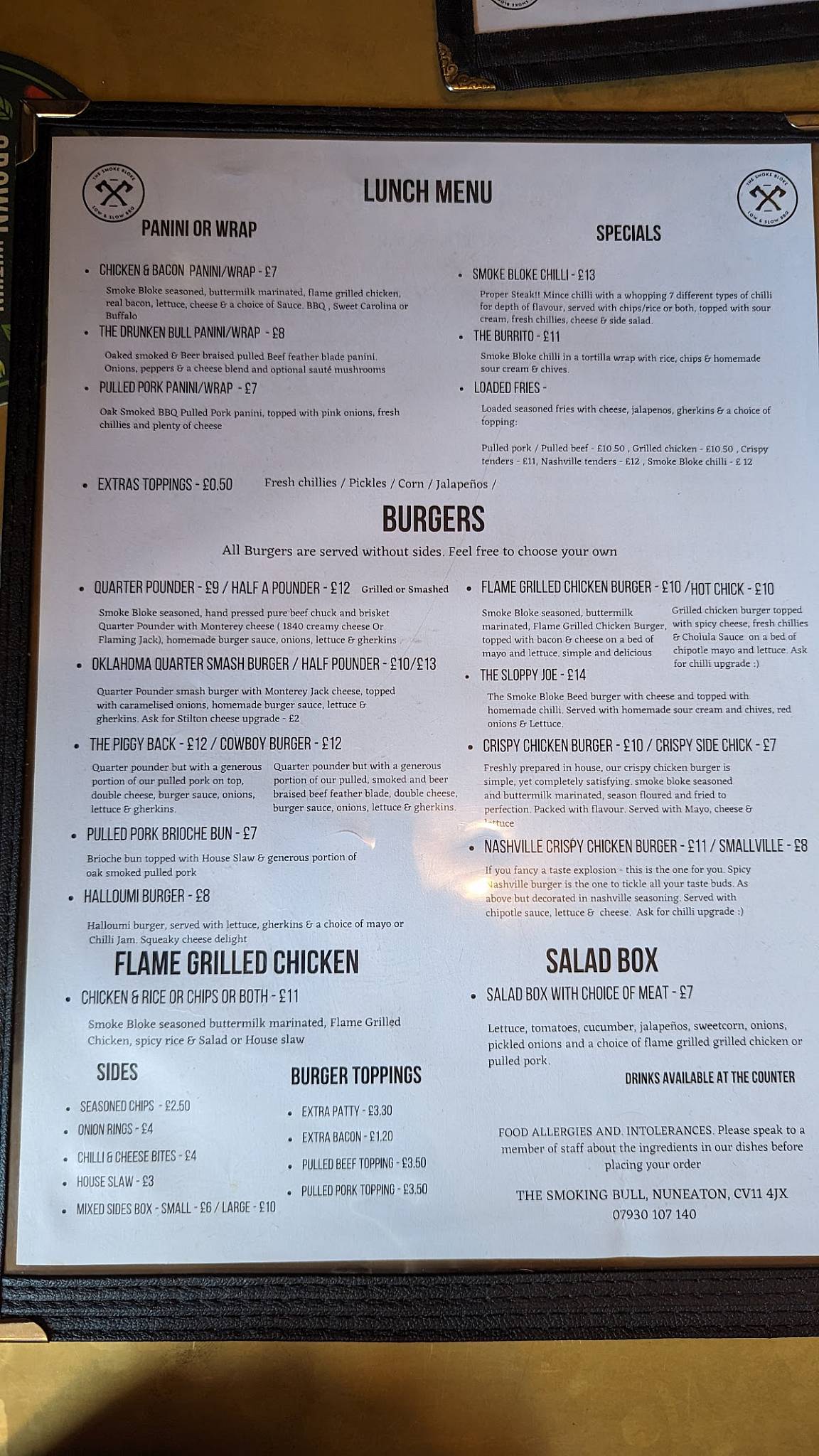 Menu at The Smoking Bull restaurant, Nuneaton