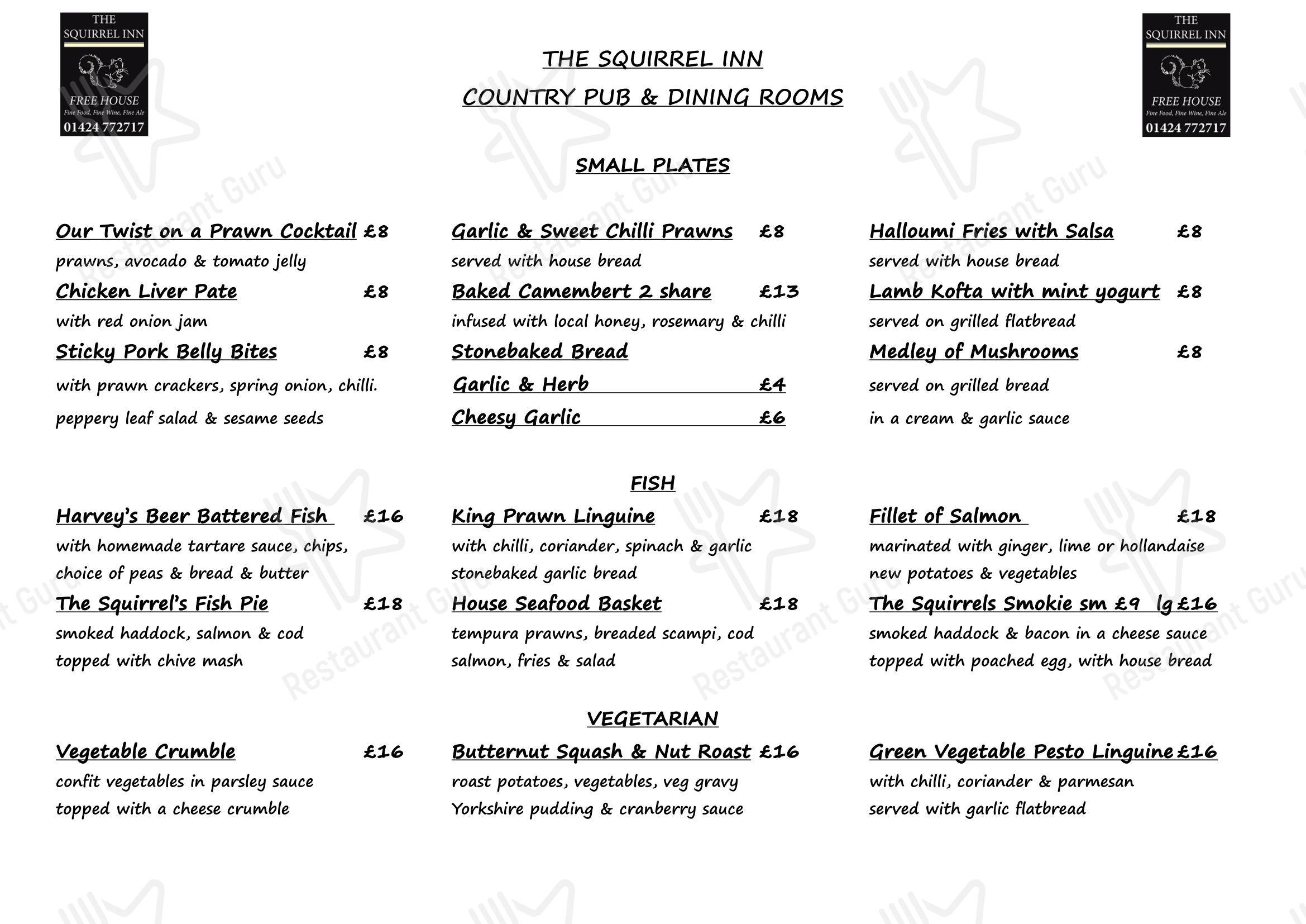 Menu at The Squirrel Inn pub & bar, Battle
