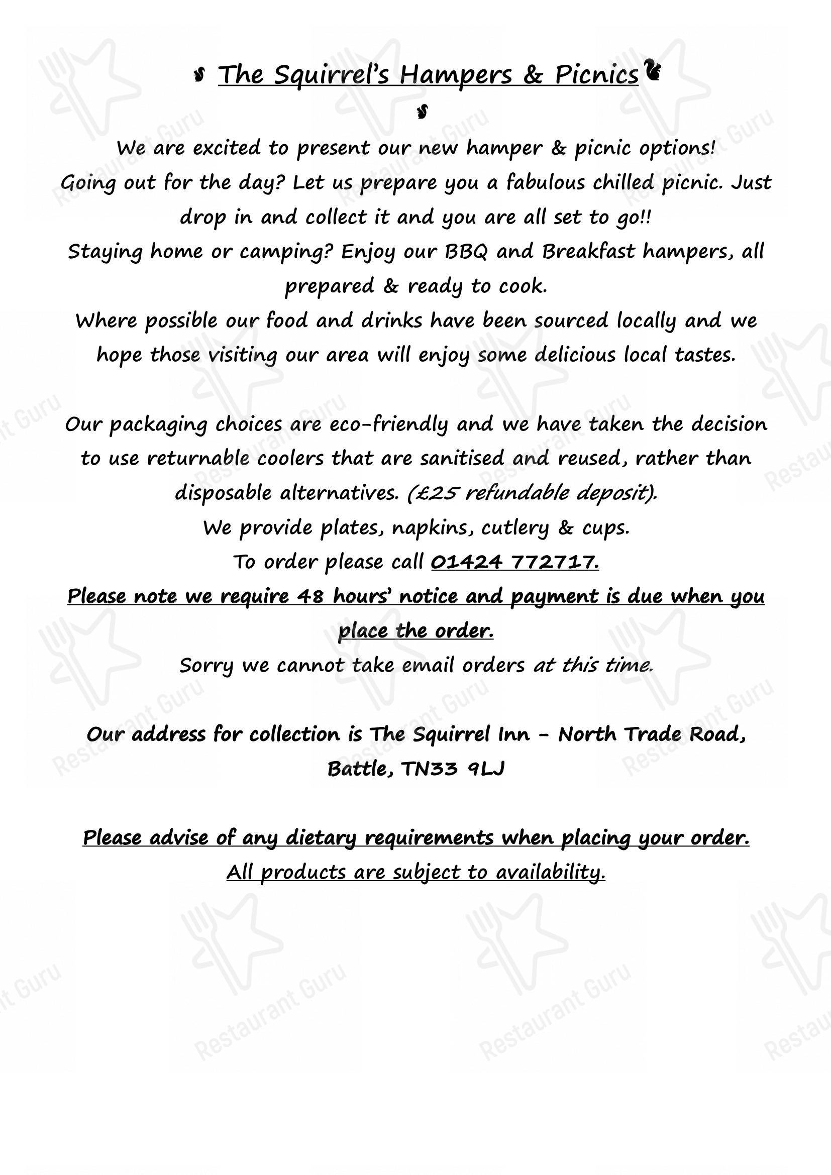 Menu at The Squirrel Inn pub & bar, Battle