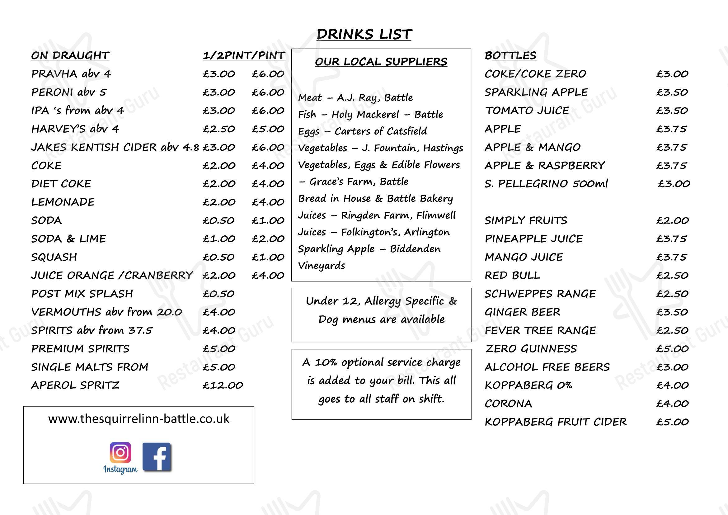Menu at The Squirrel Inn pub & bar, Battle