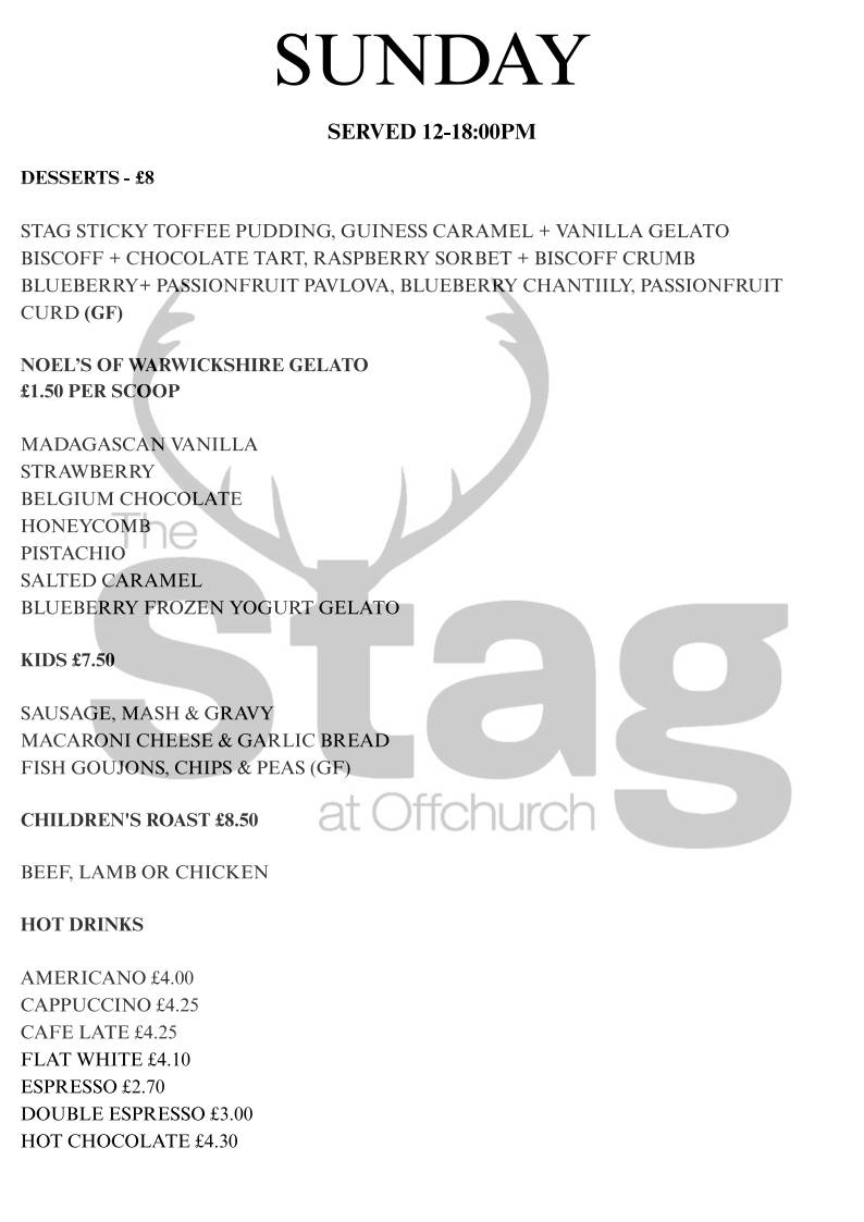 Menu at The Stag at Offchurch restaurant, Royal Leamington Spa