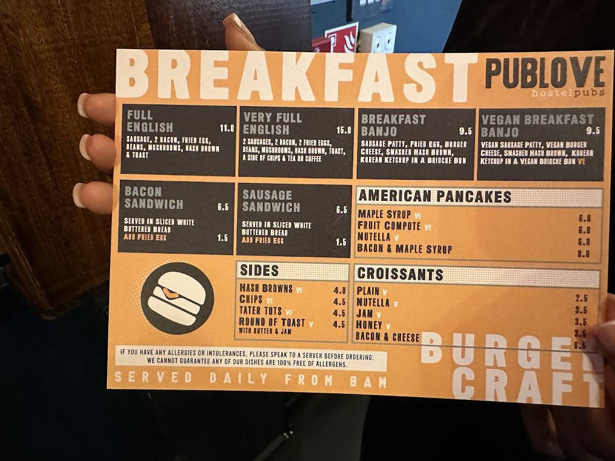 Menu at The Steam Engine, Waterloo (PUBLOVE), London, 41- 42 Cosser St