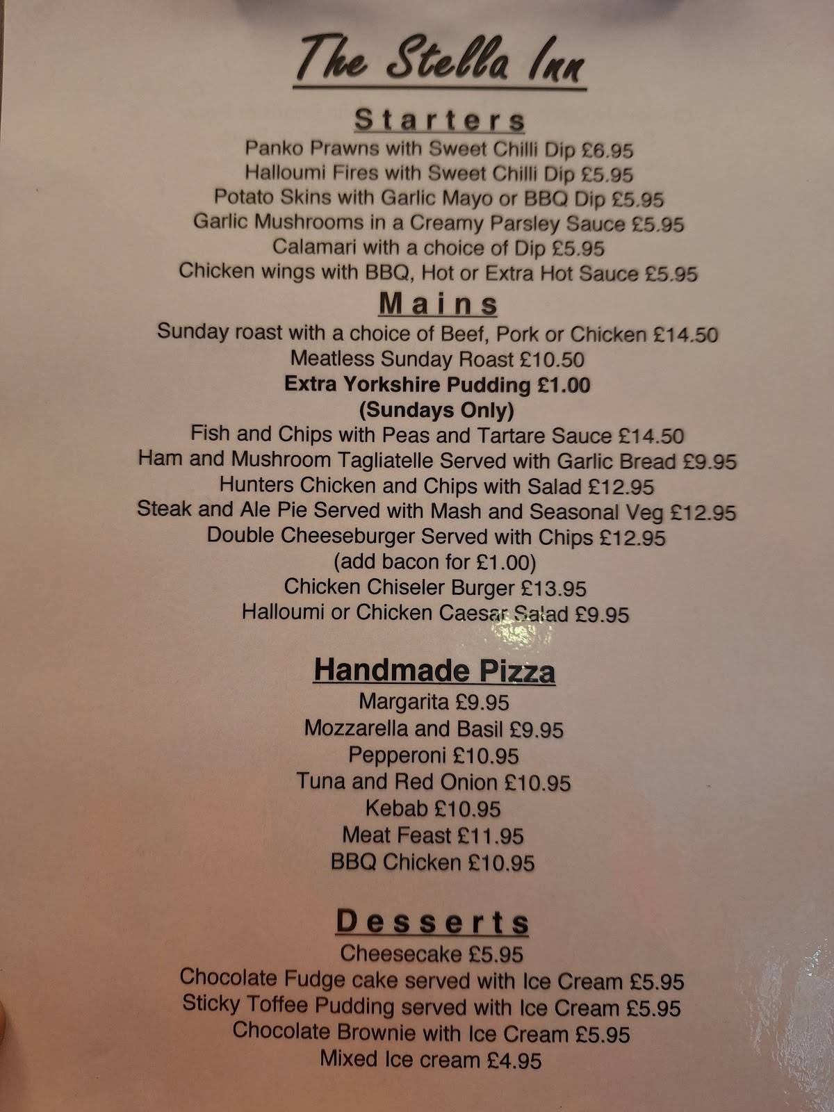 Menu at The Stella Inn pub & bar, Blaydon
